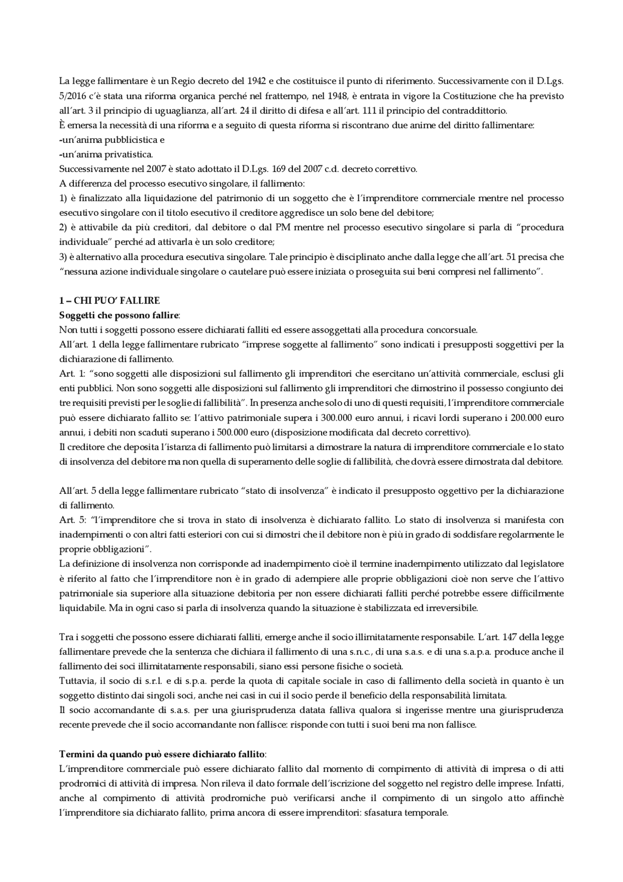 Riassunto Fallimentare Appunti Di Diritto Fallimentare Docsity