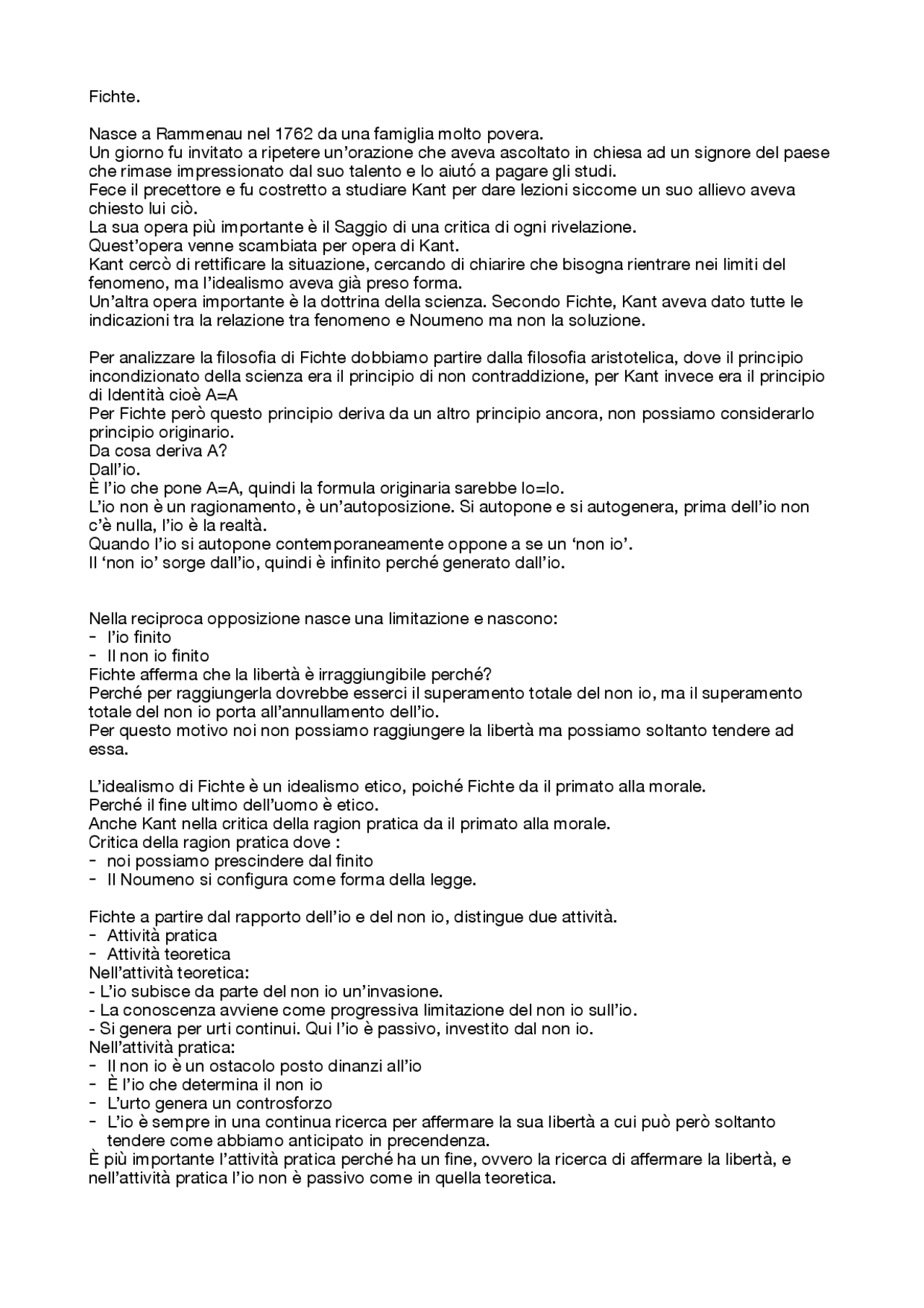Fichte Riassunto Breve Docsity