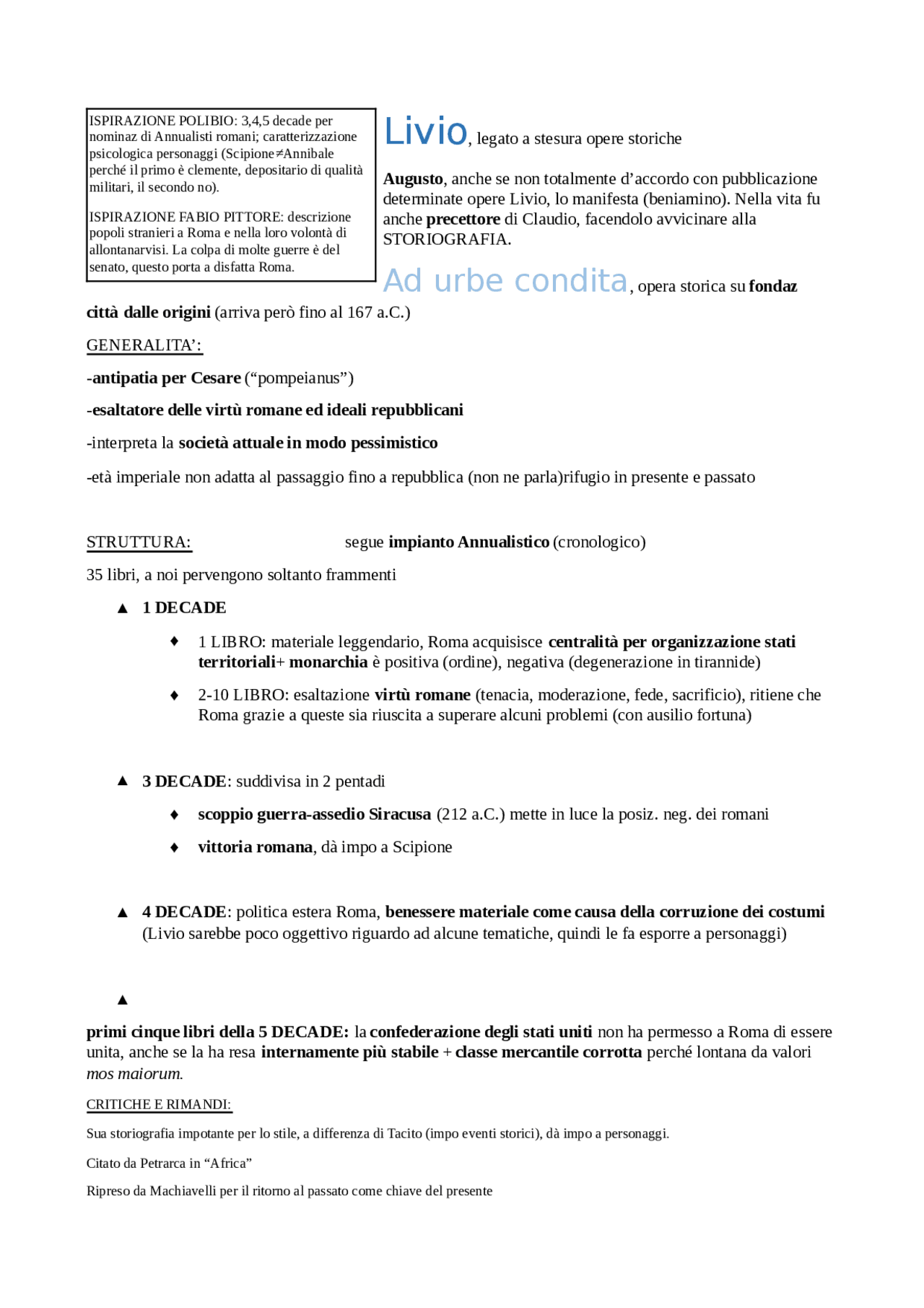 Livio Riassunto Con I Punti Salienti Docsity