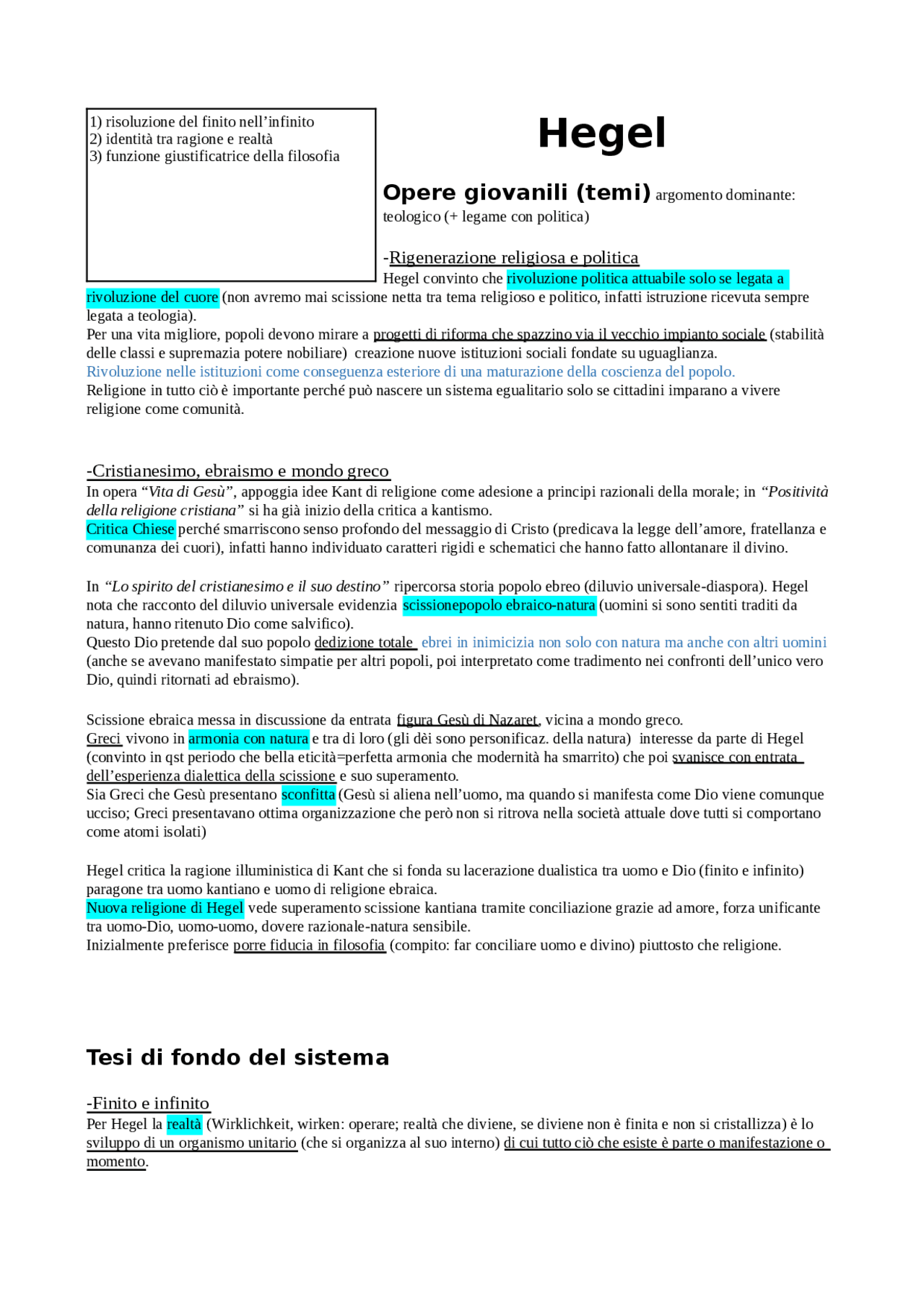 Vita e opere Hegel, pensiero generale - Docsity