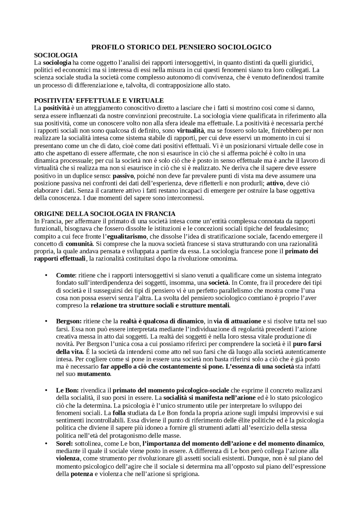 Profilo Storico Del Pensiero Sociologico Docsity