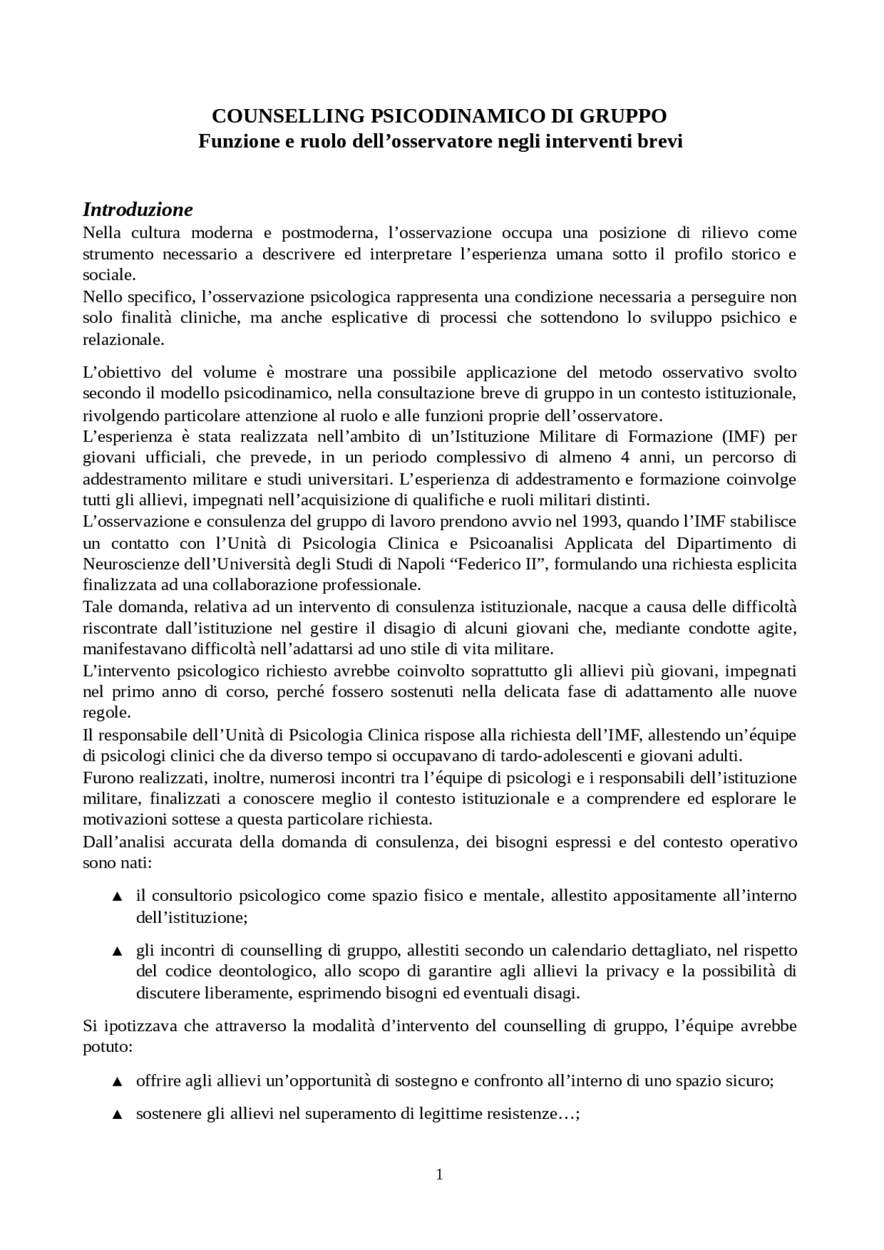 Counselling Psicodinamico Di Gruppo Docsity