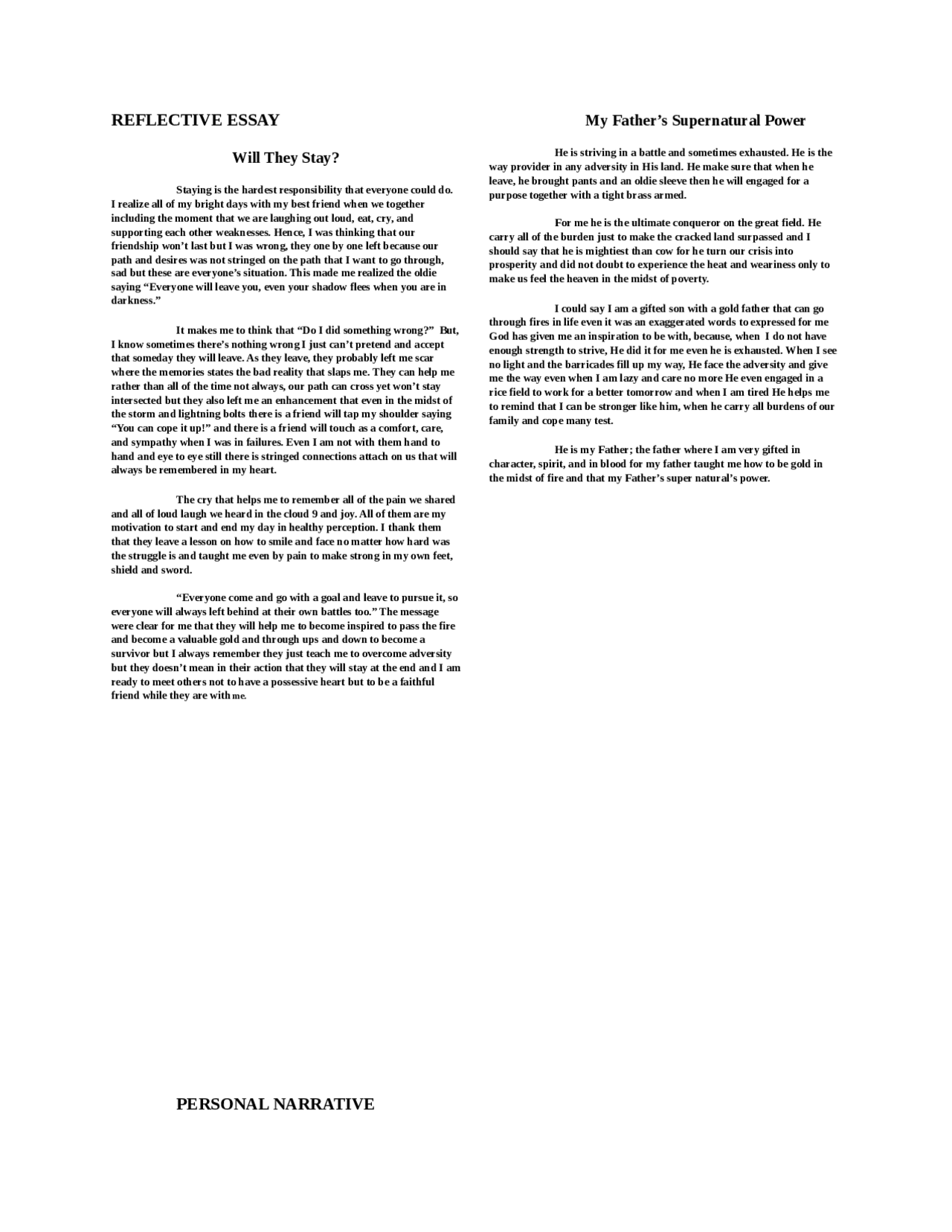 A sample for reflective essay and personal narrative | Essays (high ...