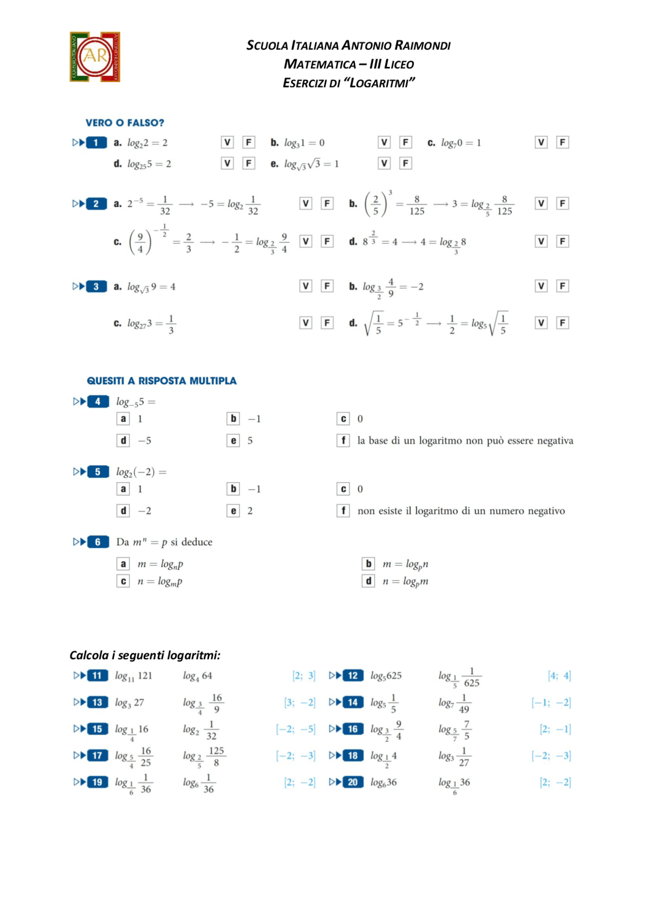 Logaritmi esercizi funzioni - Docsity