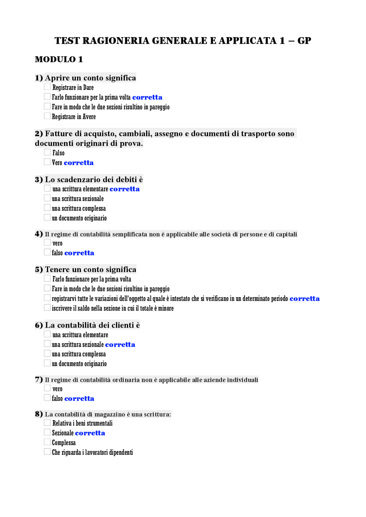 Test Ragioneria Generale Ed Applicata I Esercizi Di Ragioneria Docsity