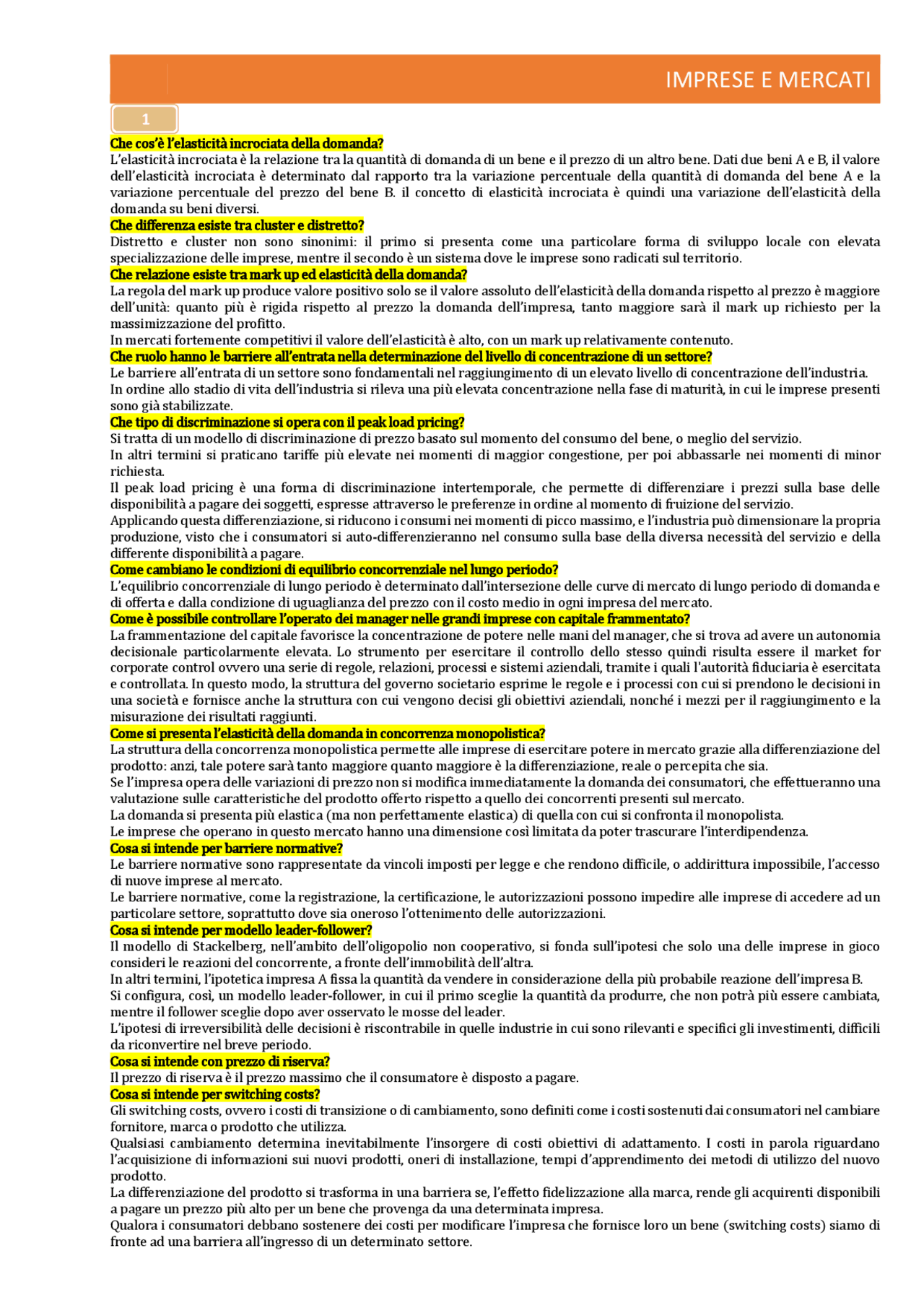 Imprese E Mercati Domande Aperte Docsity
