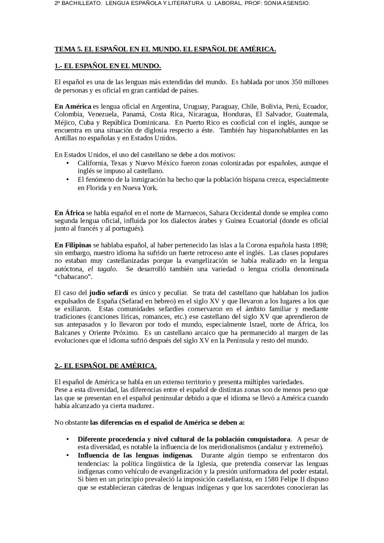 TEMA 5 LENGUA EL ESPAÑOL EN EL MUNDO - Docsity