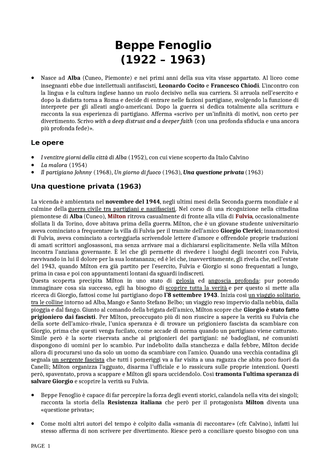 Beppe Fenoglio E Una Questione Privata Docsity