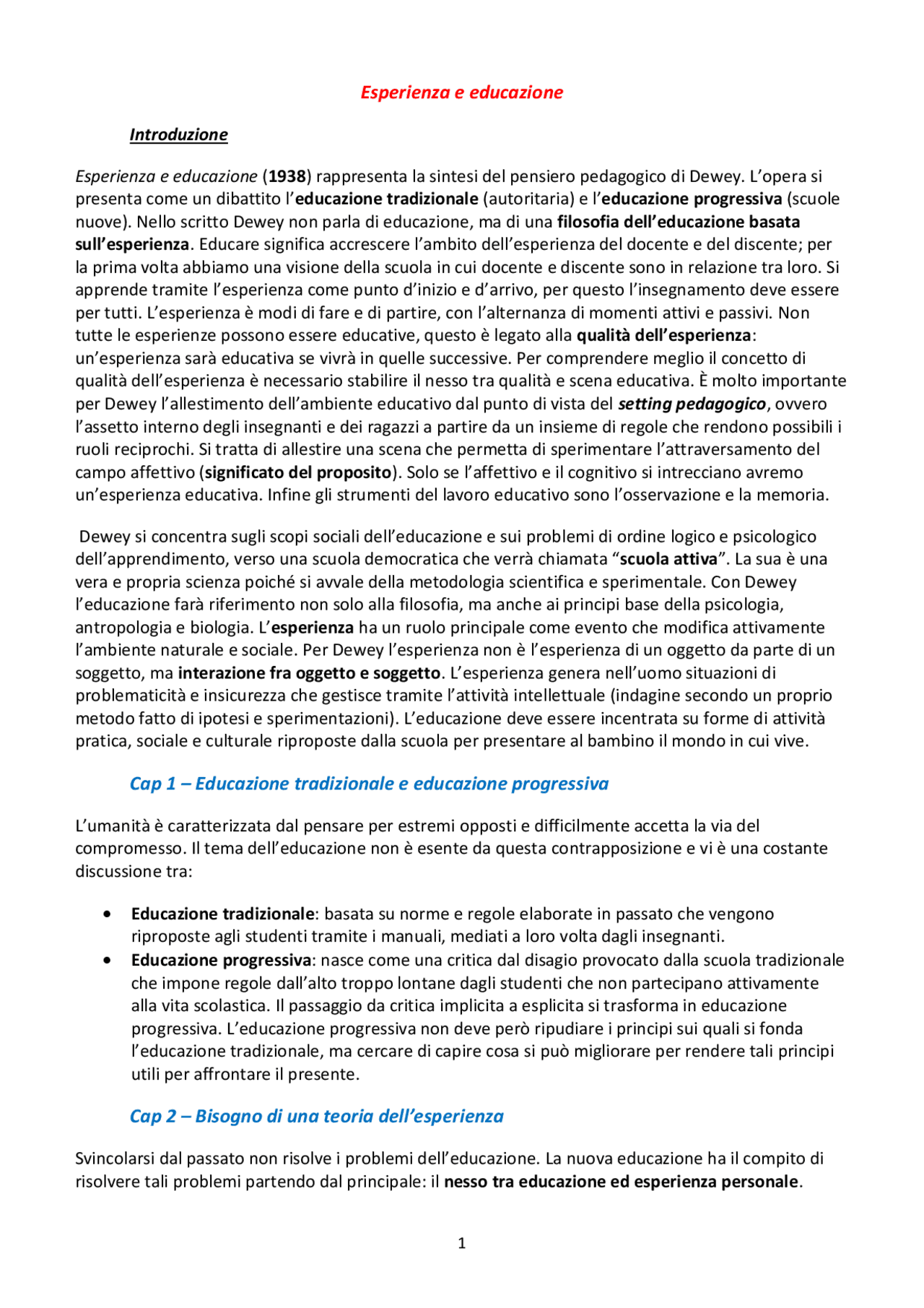 Riassunto Esperienza E Educazione J Dewey Docsity