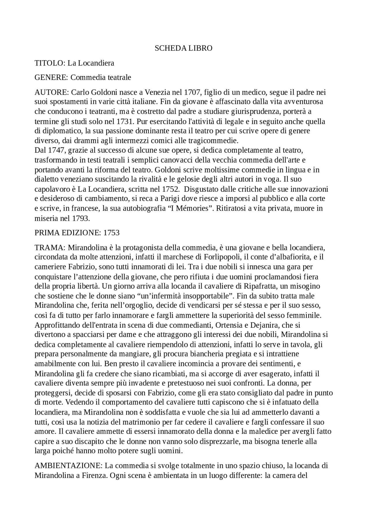 Scheda Libro La Locandiera Appunti Di Italiano Docsity
