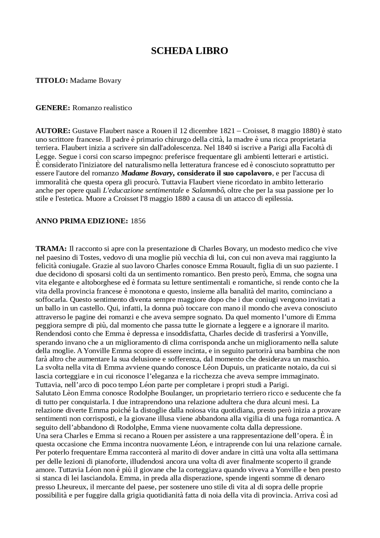 Scheda Libro Madame Bovary Docsity