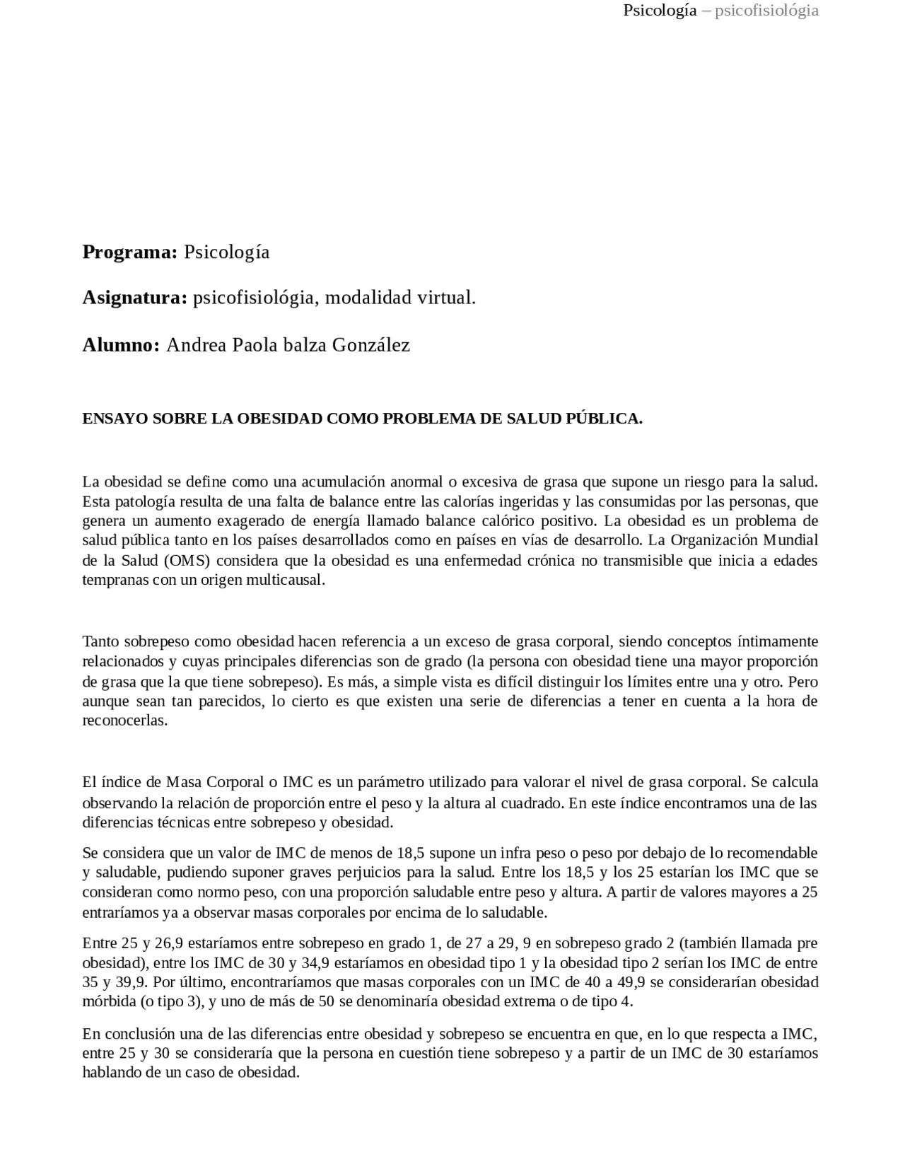 Ensayo Sobre La Obesidad Docsity