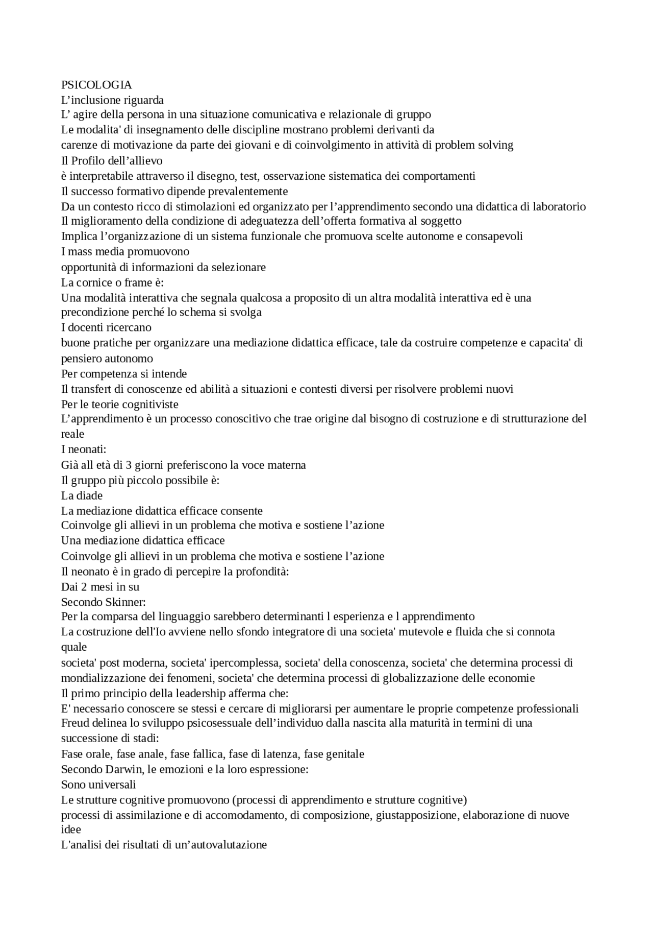 Esame Di Psicologia Generale Per Acquisire I 24 Cfu Unipegaso Docsity