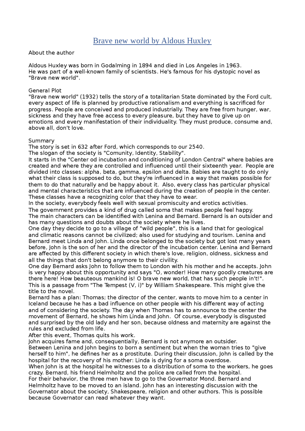 Riassunto Brave New World By Aldous Huxley Docsity