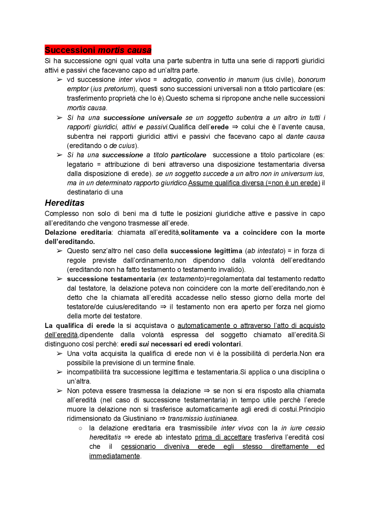 Le Successioni Mortis Causa Nel Diritto Privato Romano Docsity