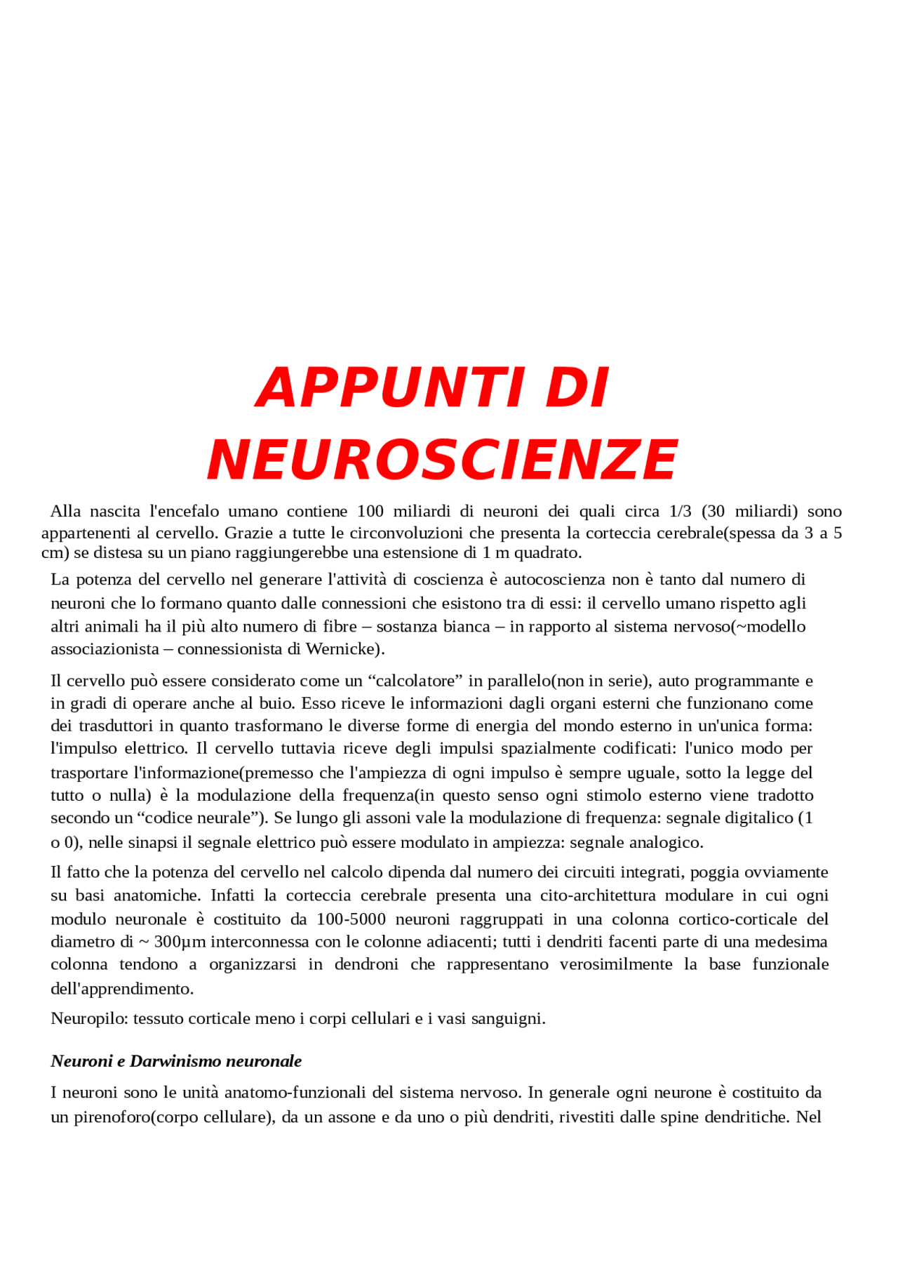 Appunti Di Neuroscienze Docsity