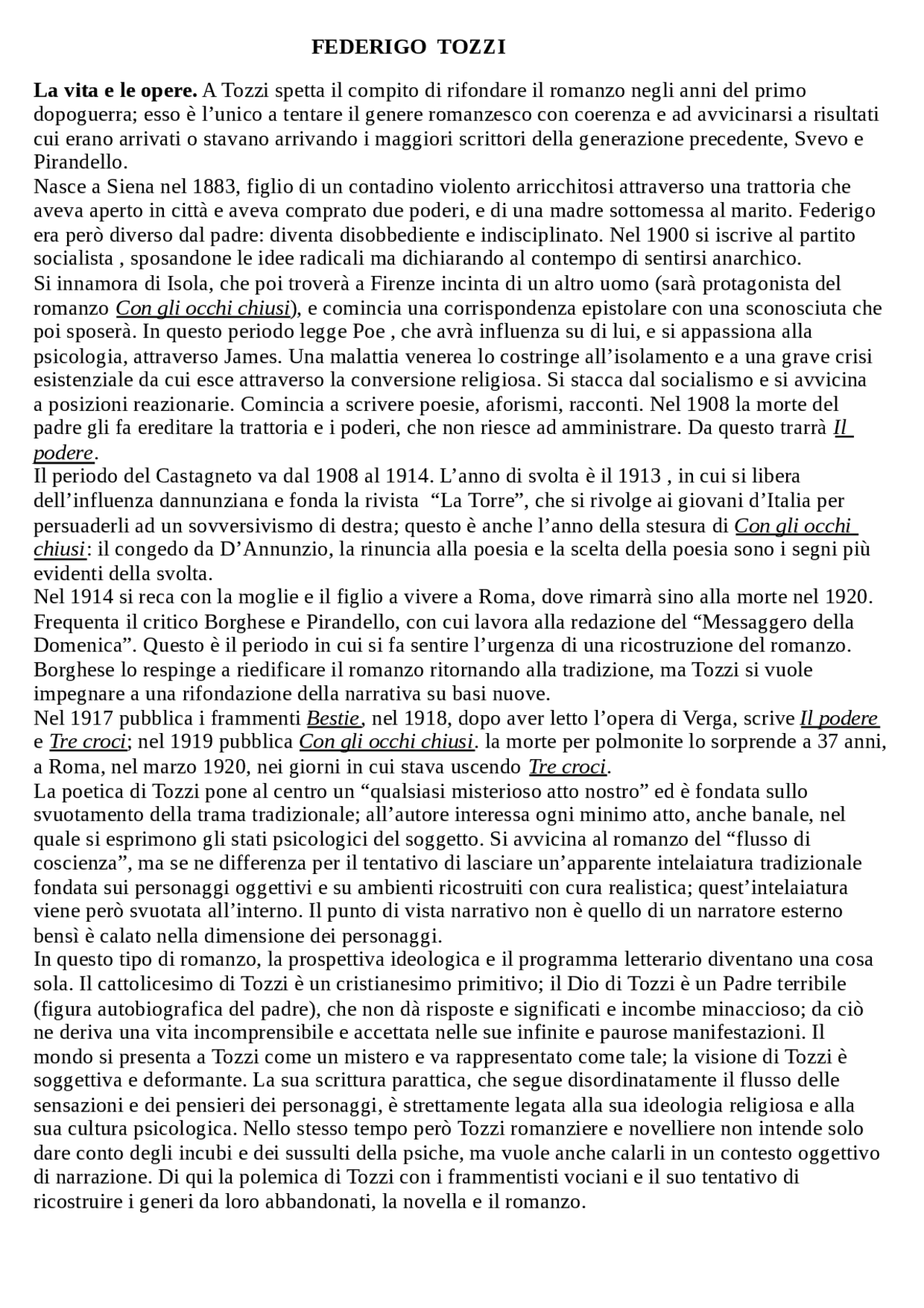 Federigoo Tozzi Vita E Opere Docsity