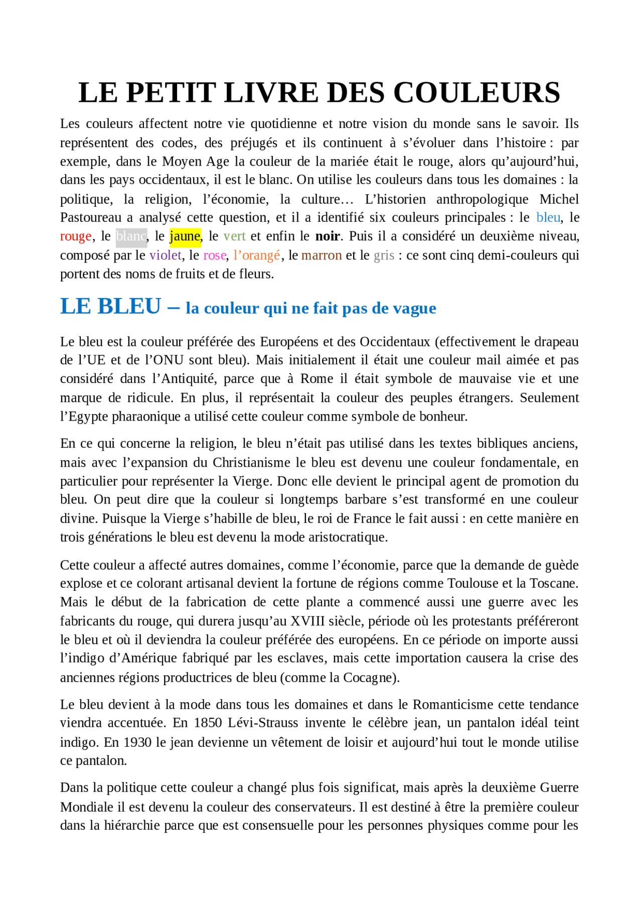 Le Petit livre des couleurs - Docsity