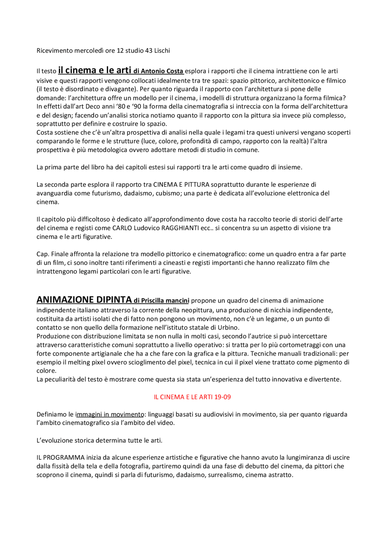 Il cinema e le arti Unipi - Docsity