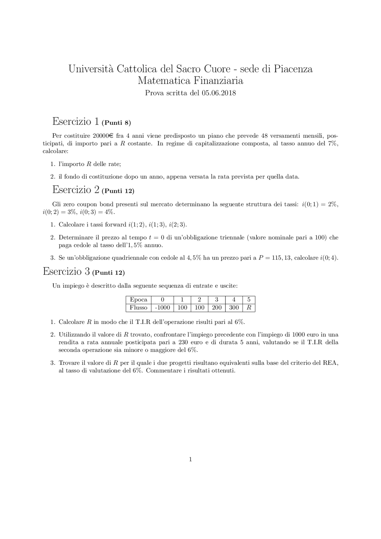 Prova Matematica Finanziaria 5 06 18 Docsity