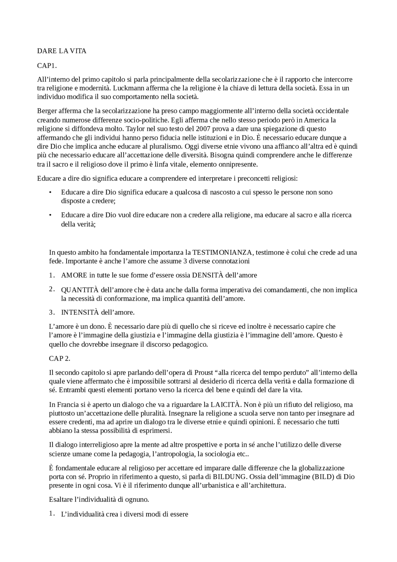 Dare La Vita Malavasi Riassunto Docsity