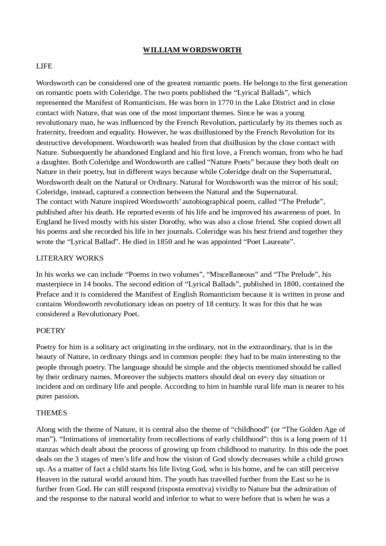 William Wordsworth Sintesi Docsity