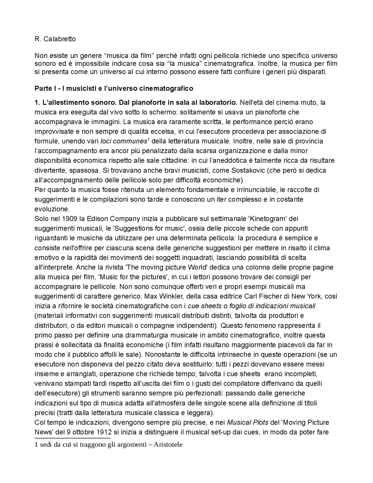 Lo Schermo Sonoro Calabretto Riassunto Docsity