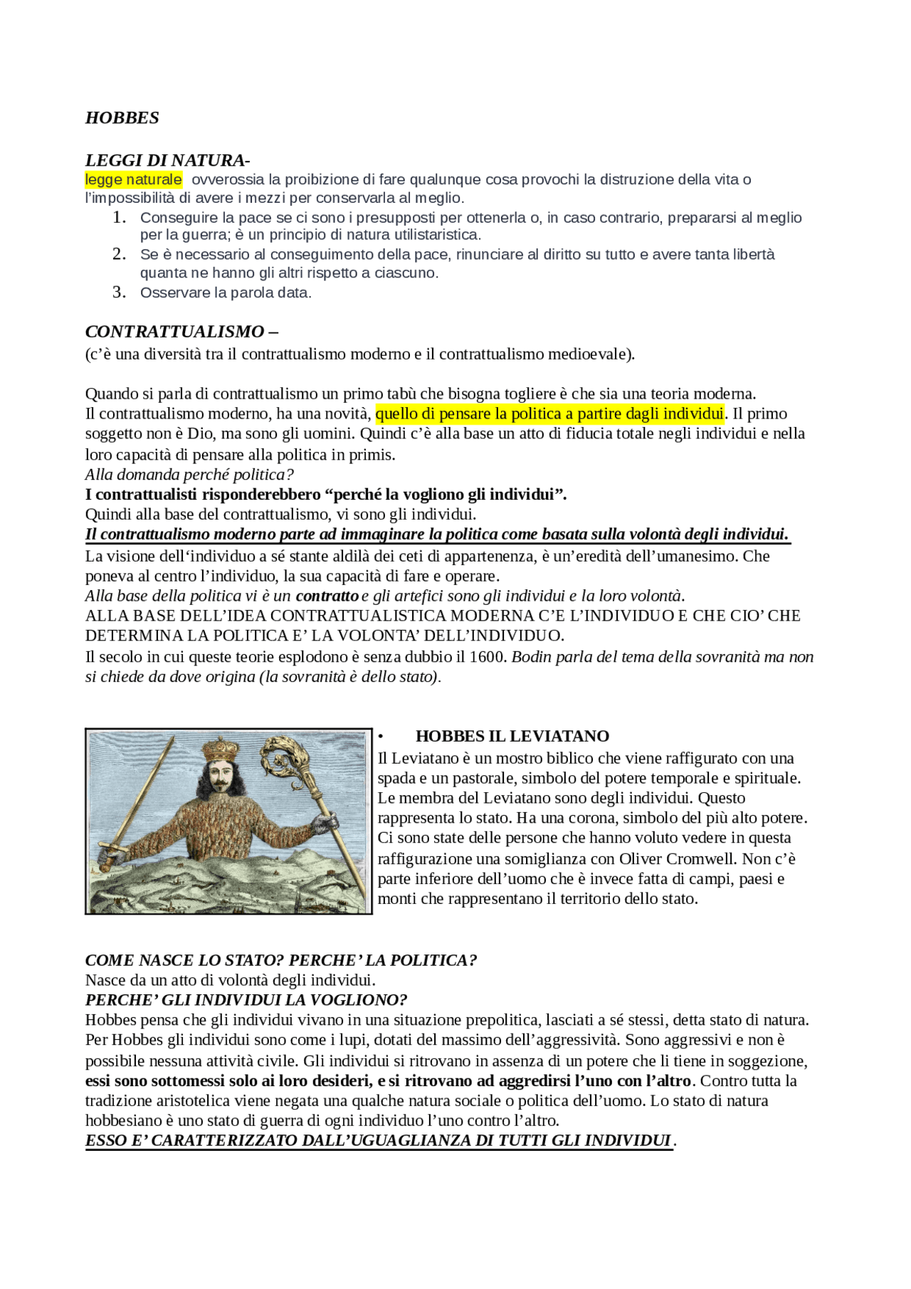 Riassunto Hobbes Pensiero E Leviatano Docsity