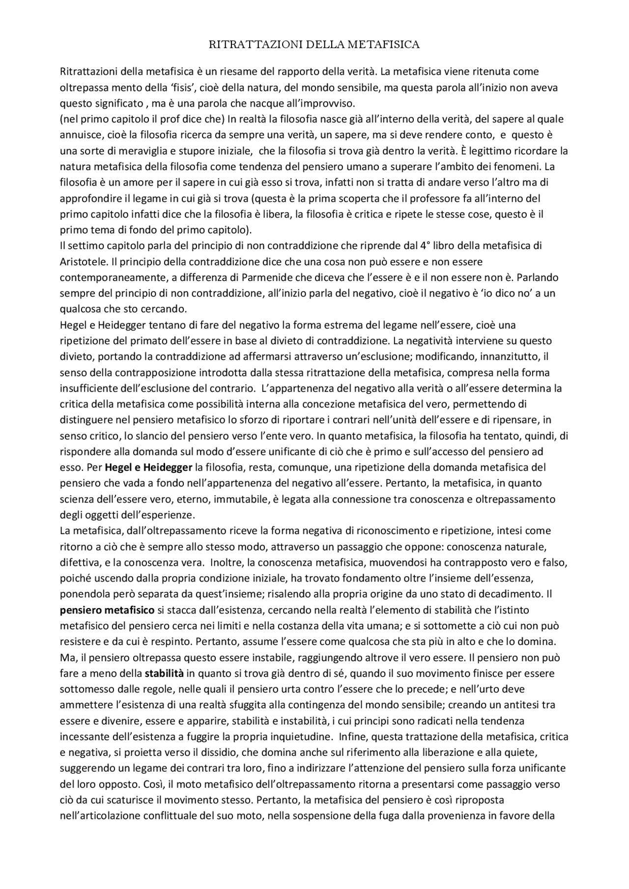 Ritrattazioni Della Metafisica Docsity