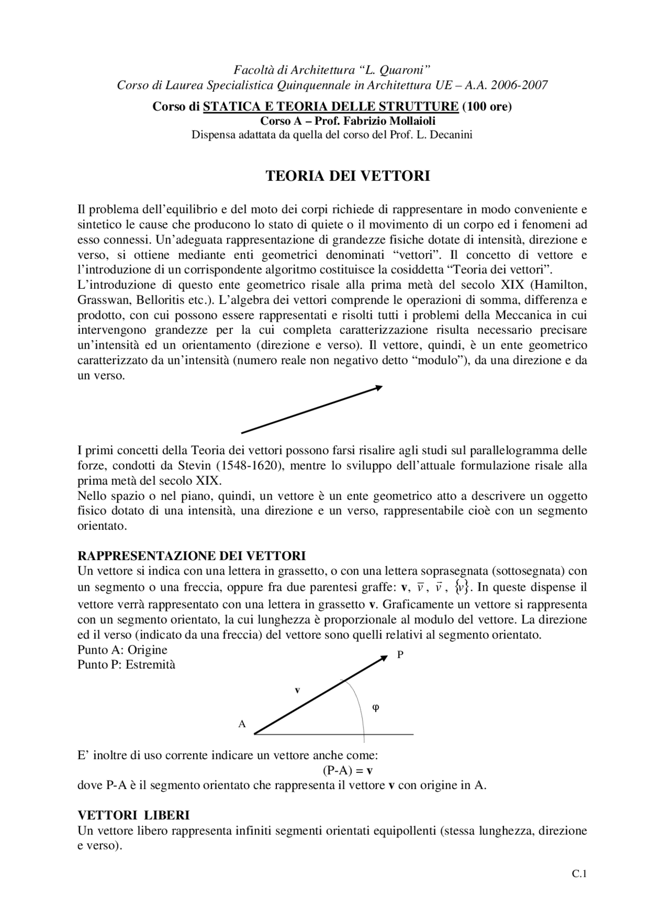 Teoria dei vettori - Corso di Statica e Teoria delle strutture - Docsity