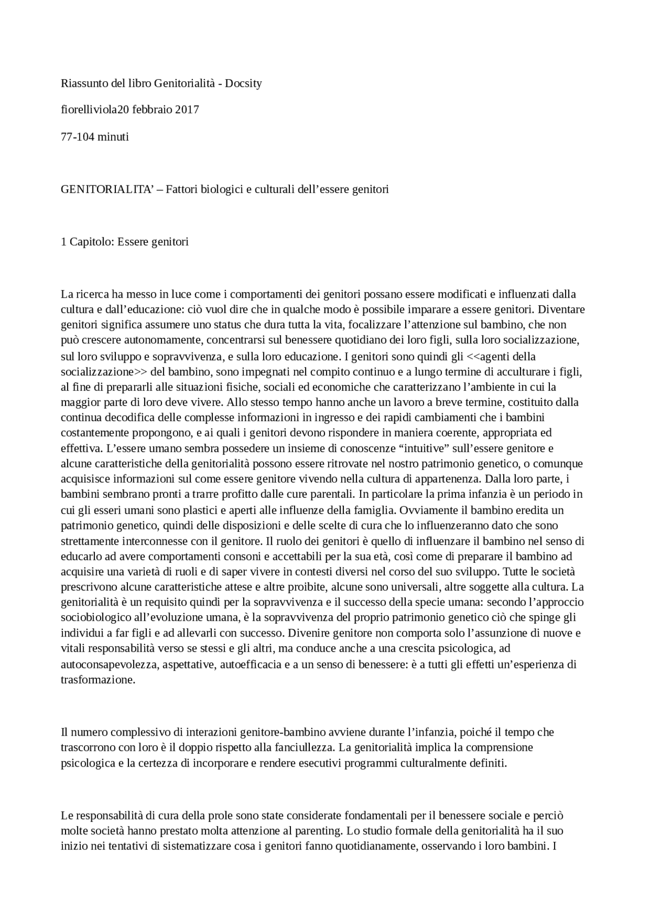 Riassunto Libro Genitorialità Docsity