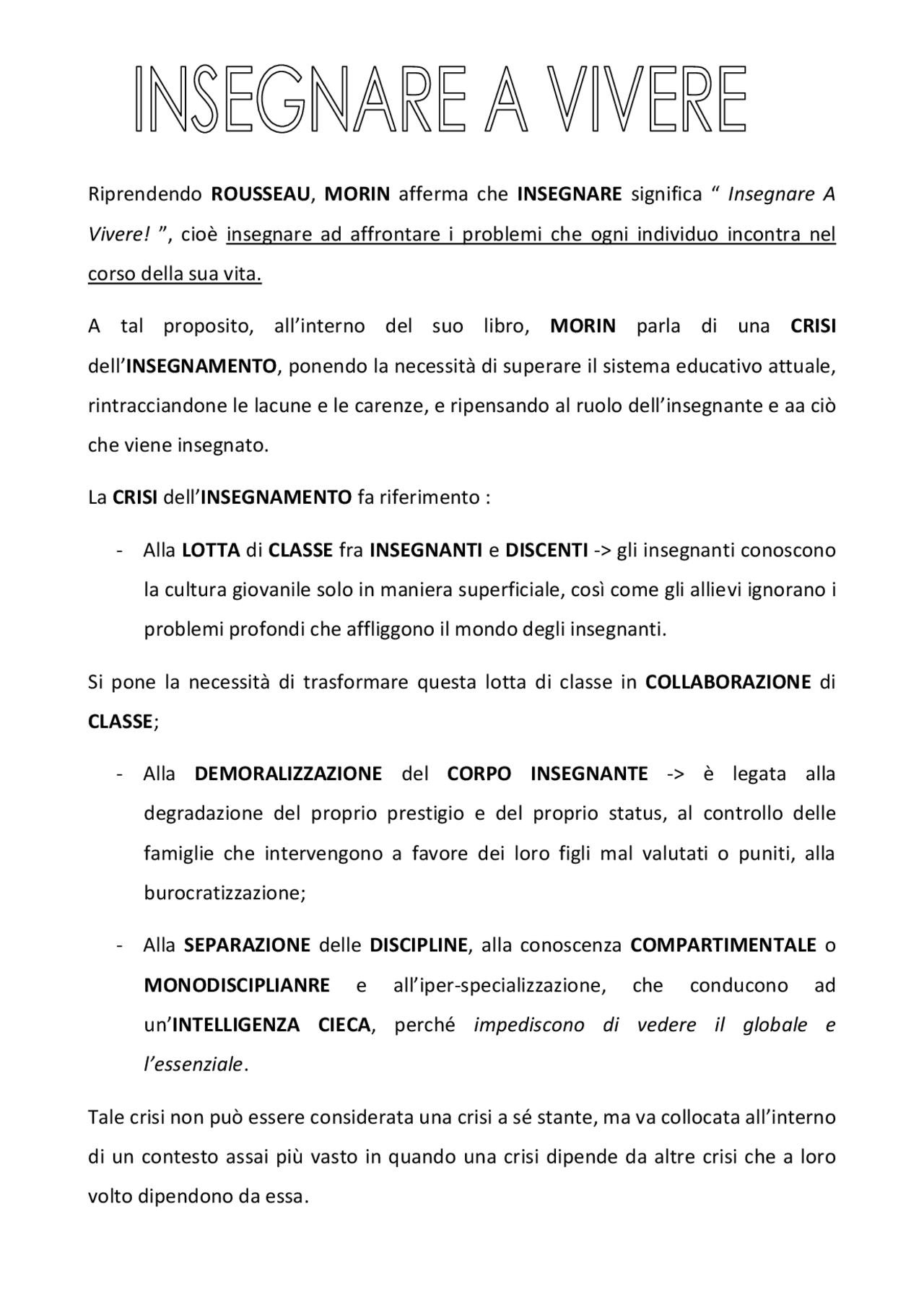 Insegnare A Vivere Manifesto Per Cambiare Leducazione Docsity