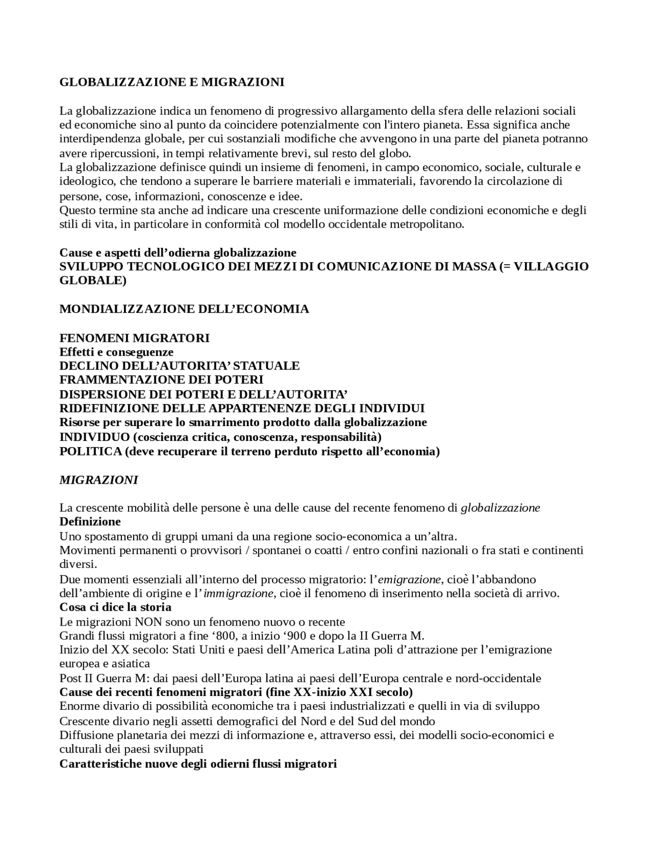 Globalizzazioni E Migrazioni Docsity