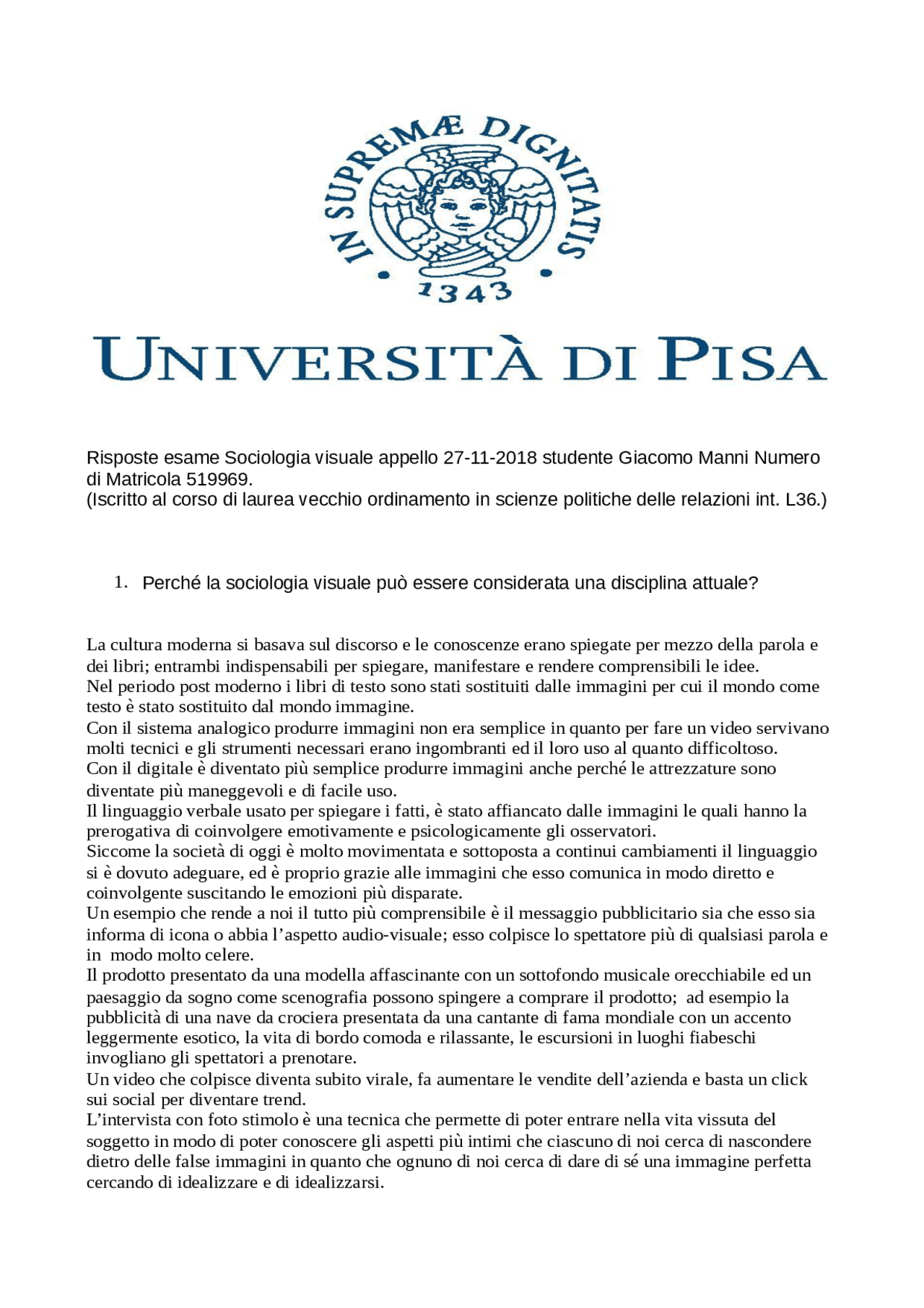 Esame Sociologia Visuale Examens De Sociologie Visuelle Docsity