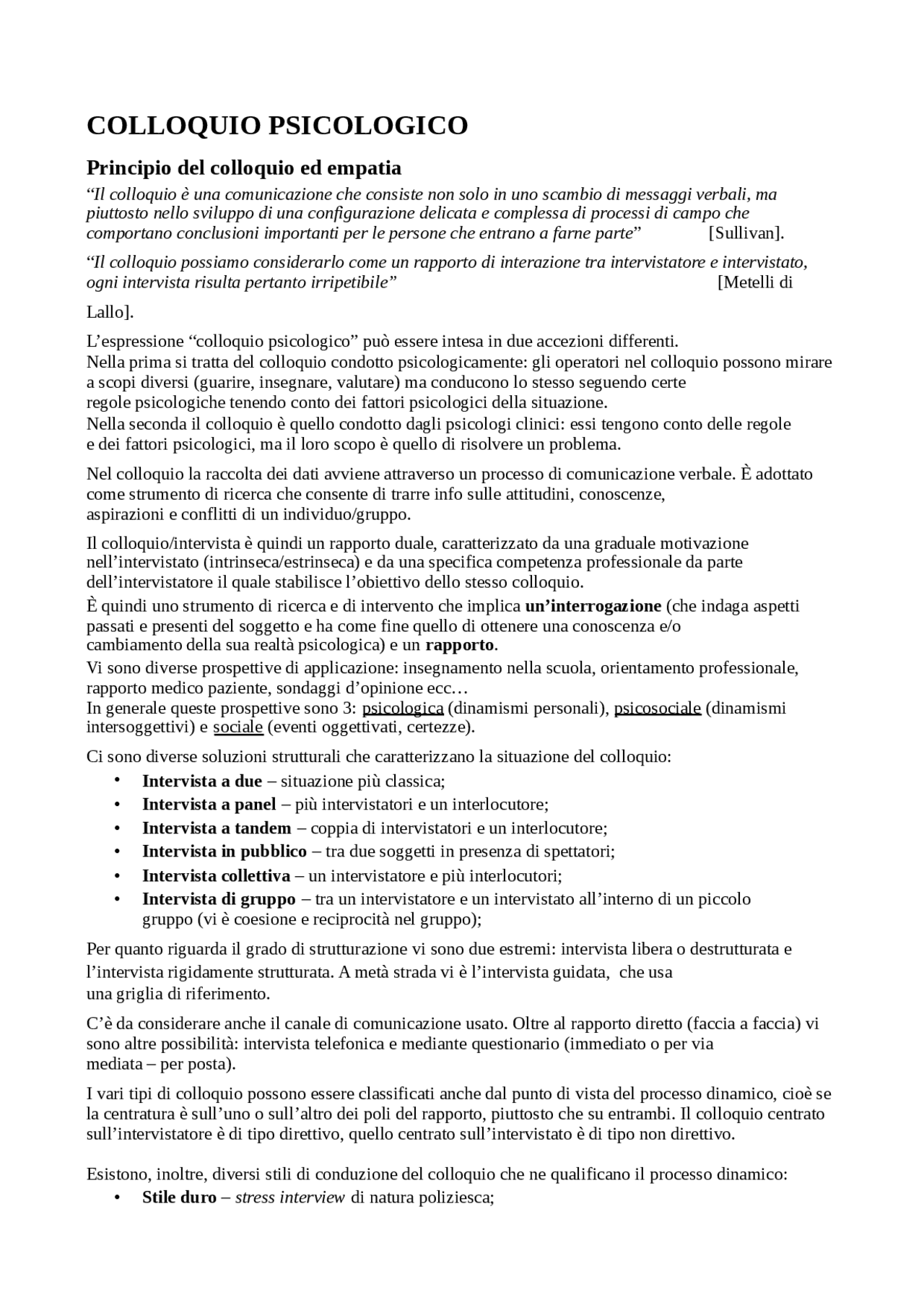 Sintesi Di Teorie E Tecniche Del Colloquio Sintesi Del Corso Di