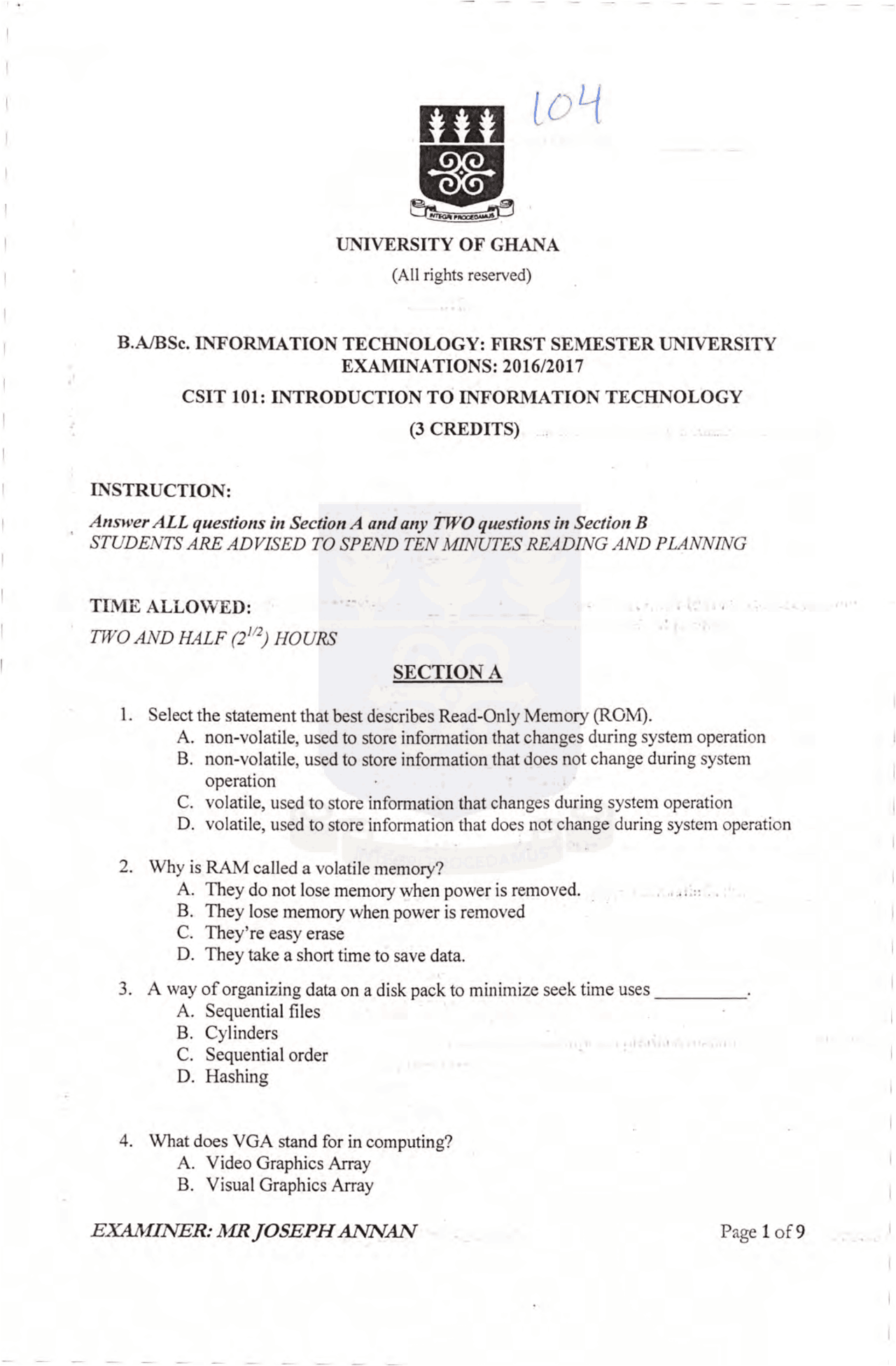 Introduction To Information Technology Past Questions Docsity