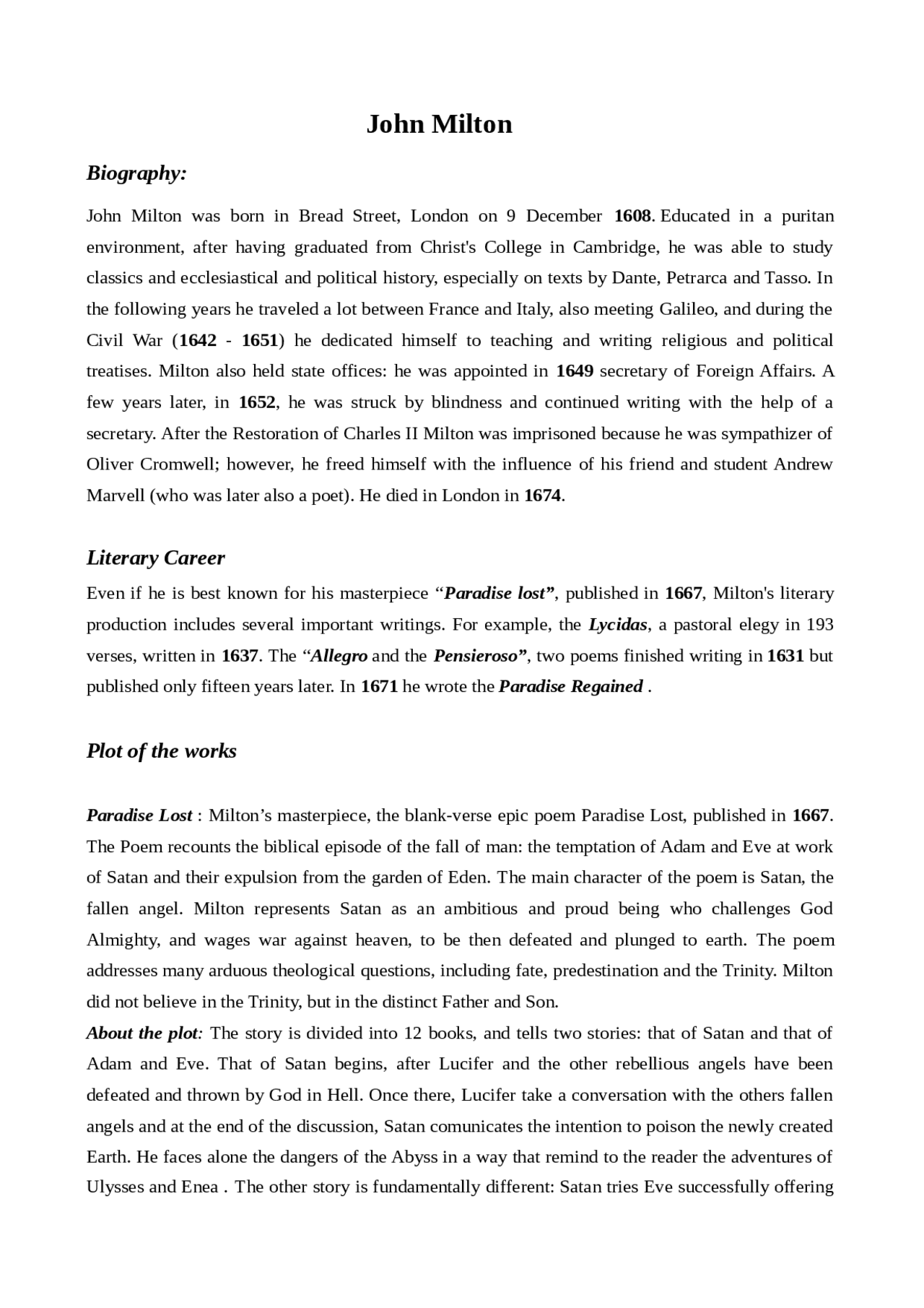 Life And Works By John Milton Docsity