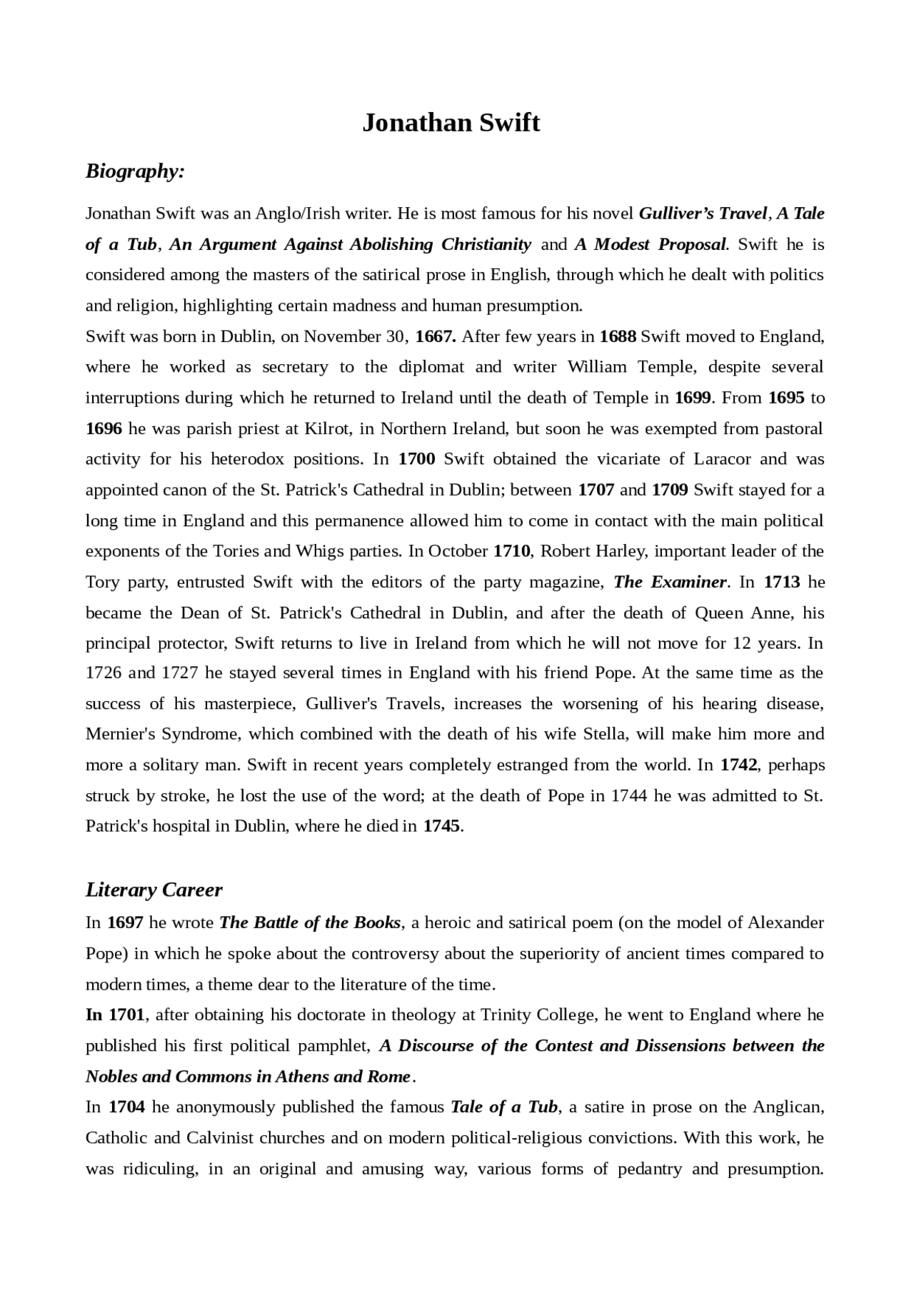 Life And Works By Jonathan Swift Sintesi Del Corso Di Letteratura