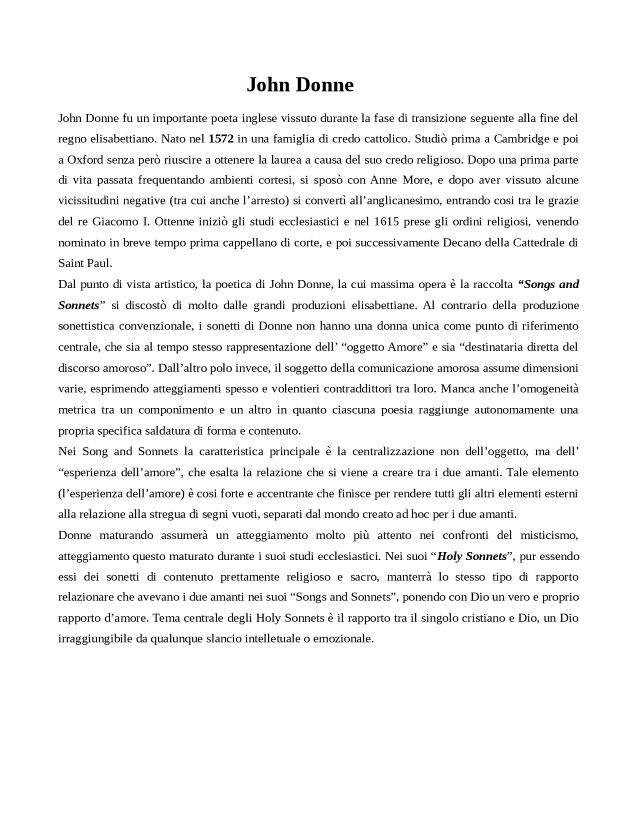 Vita E Opere Di John Donne Docsity