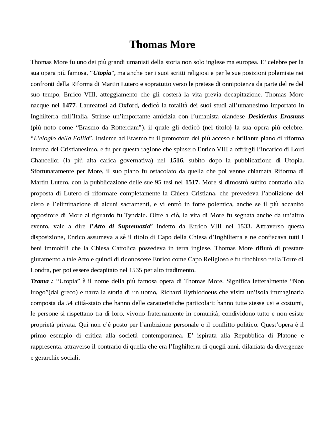 Vita E Opere Di Thomas More Docsity