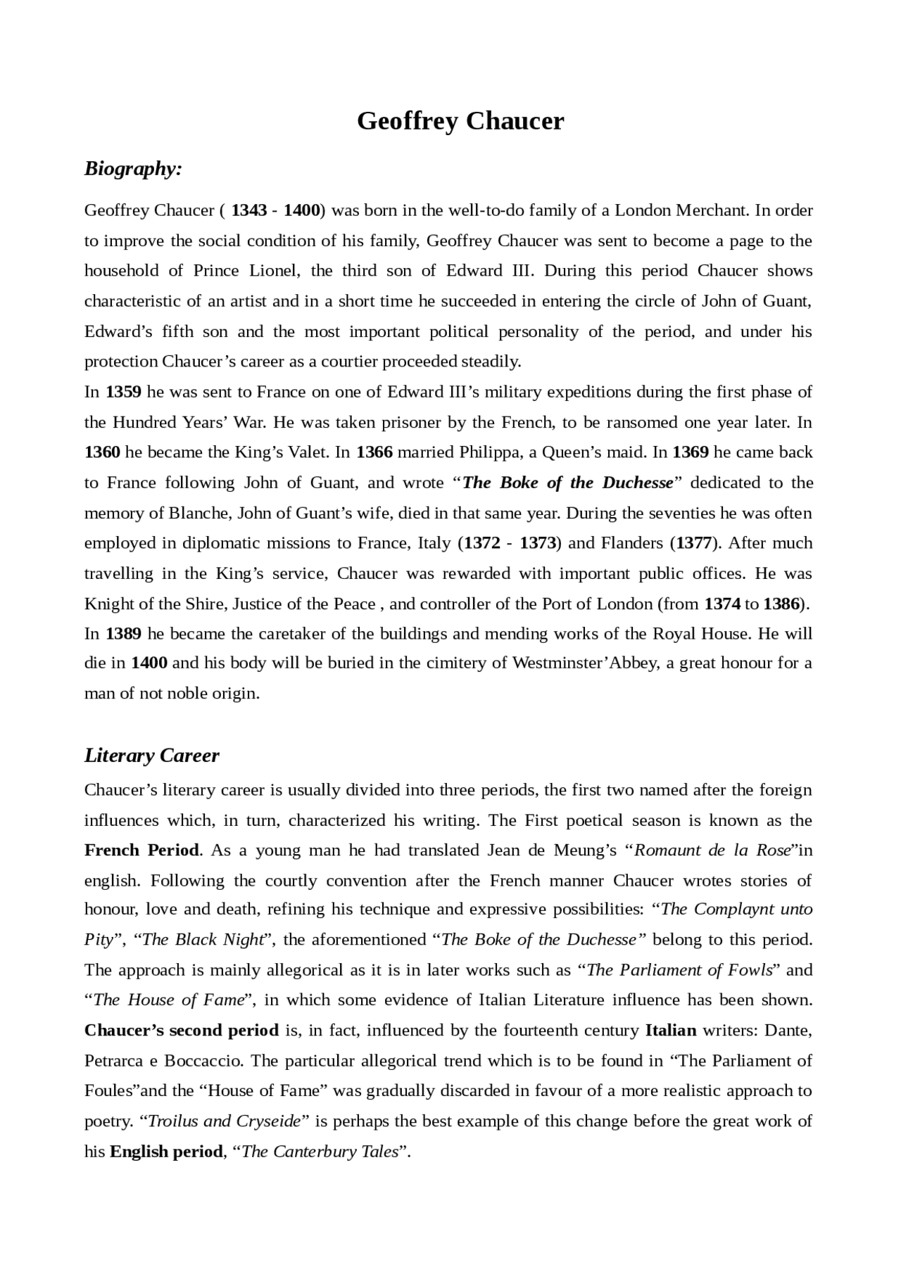 Life and works by Geoffrey Chaucer - Docsity