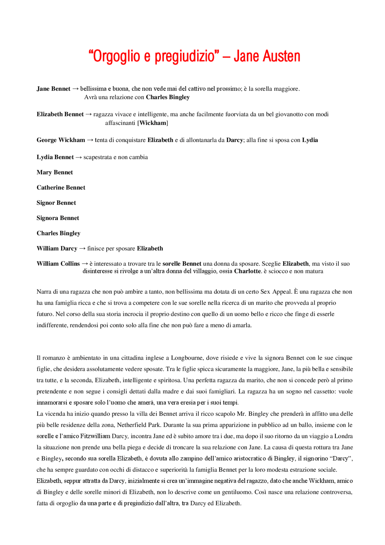 Orgoglio E Pregiudizio Jane Austen Docsity