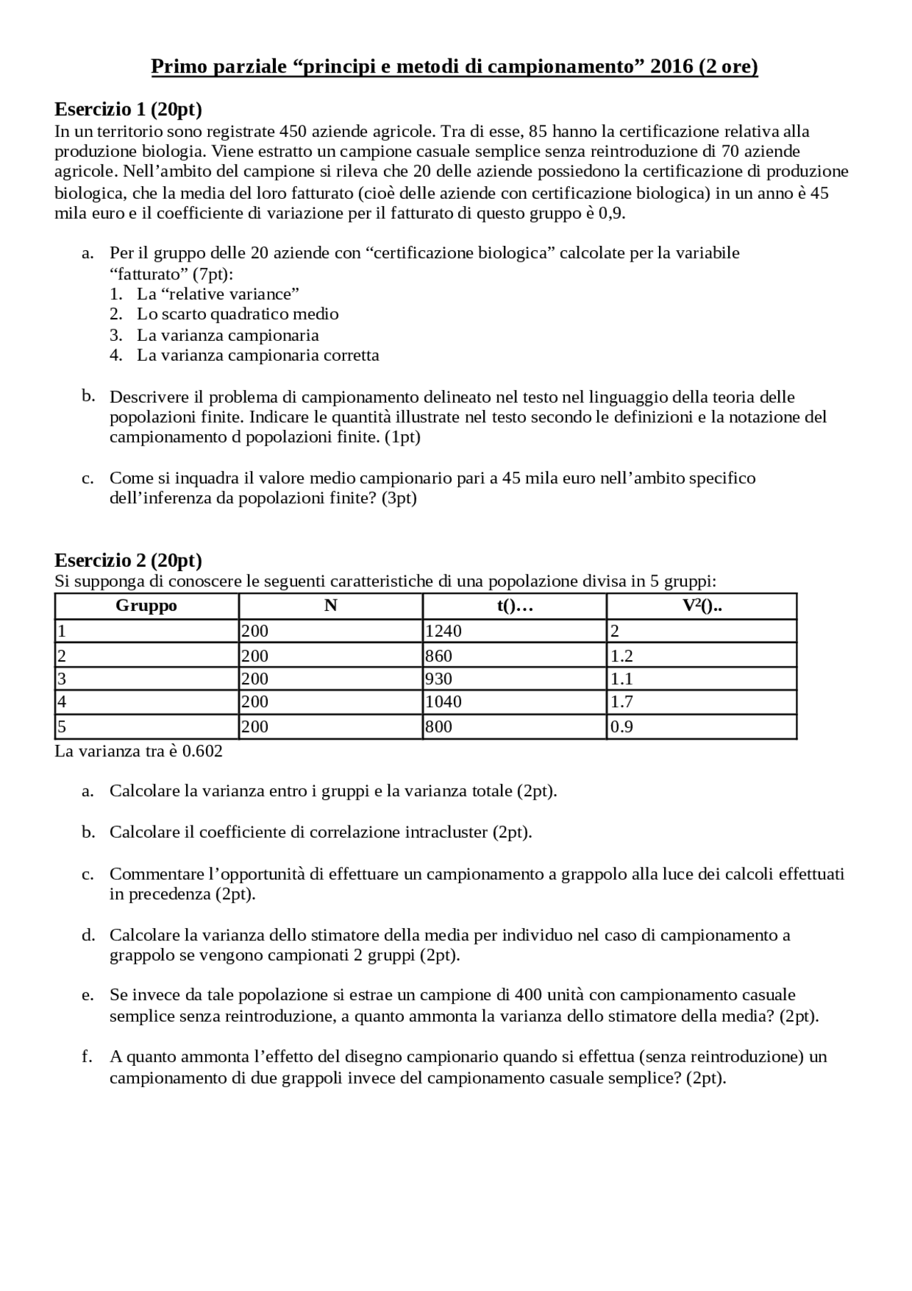 Esame Cocchi Campionamento Docsity