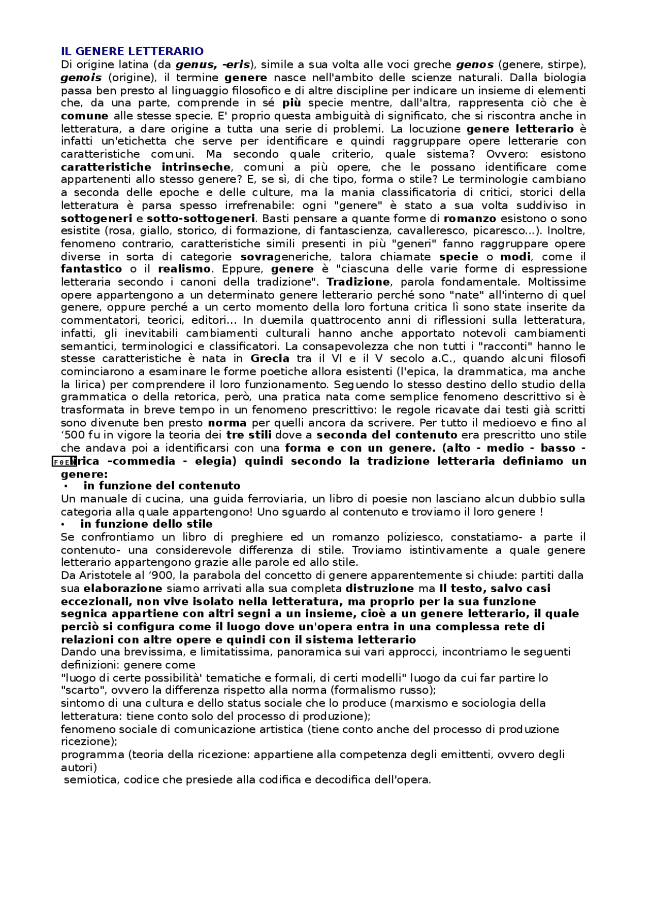 IL CONCETTO DI GENERE LETTERARIO | Dispense di Italiano | Docsity