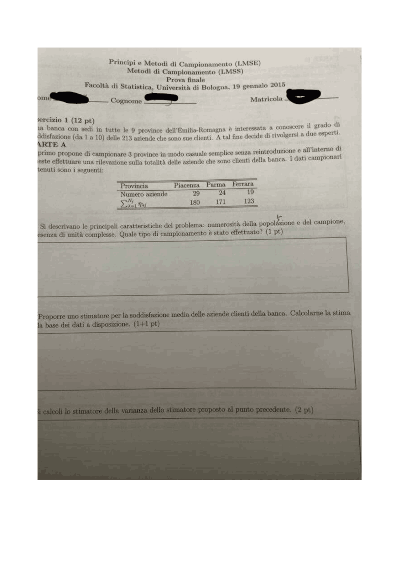 Esame Cocchi Campionamento Docsity