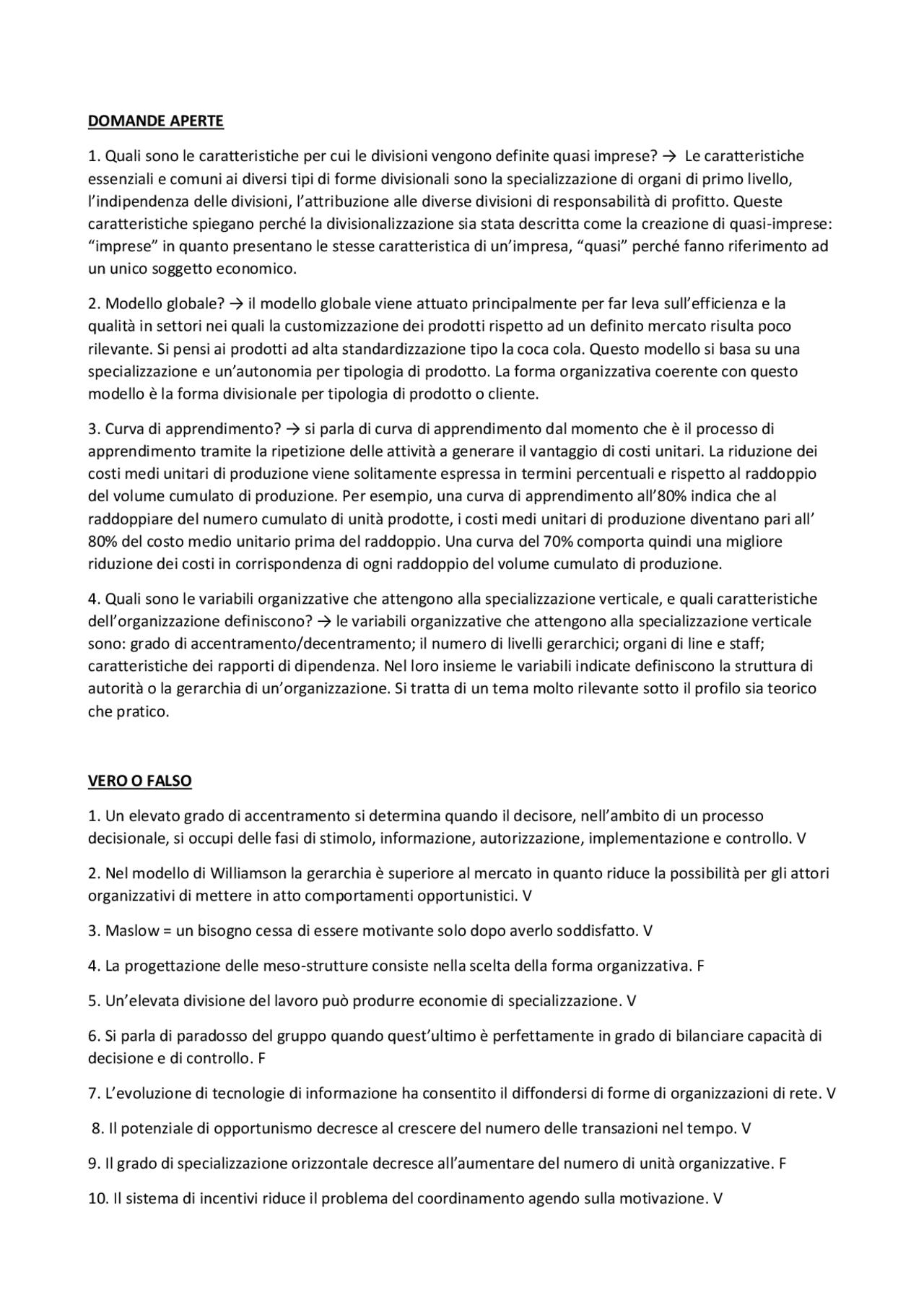 ORGANIZZAZIONE AZIENDALE:domande aperte, vero/falso, risposta multipla - Docsity