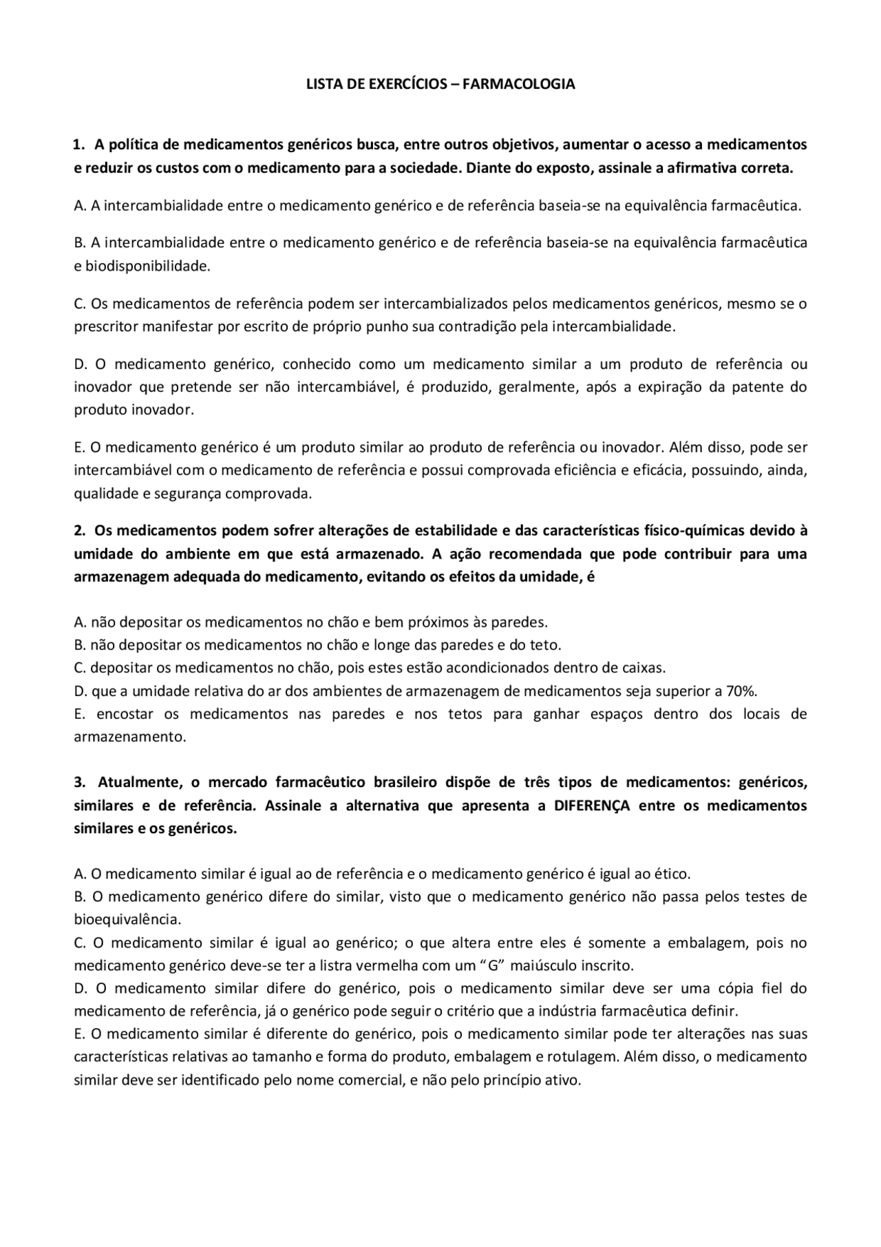 Exercícios De Farmacologia Enfermagem Docsity