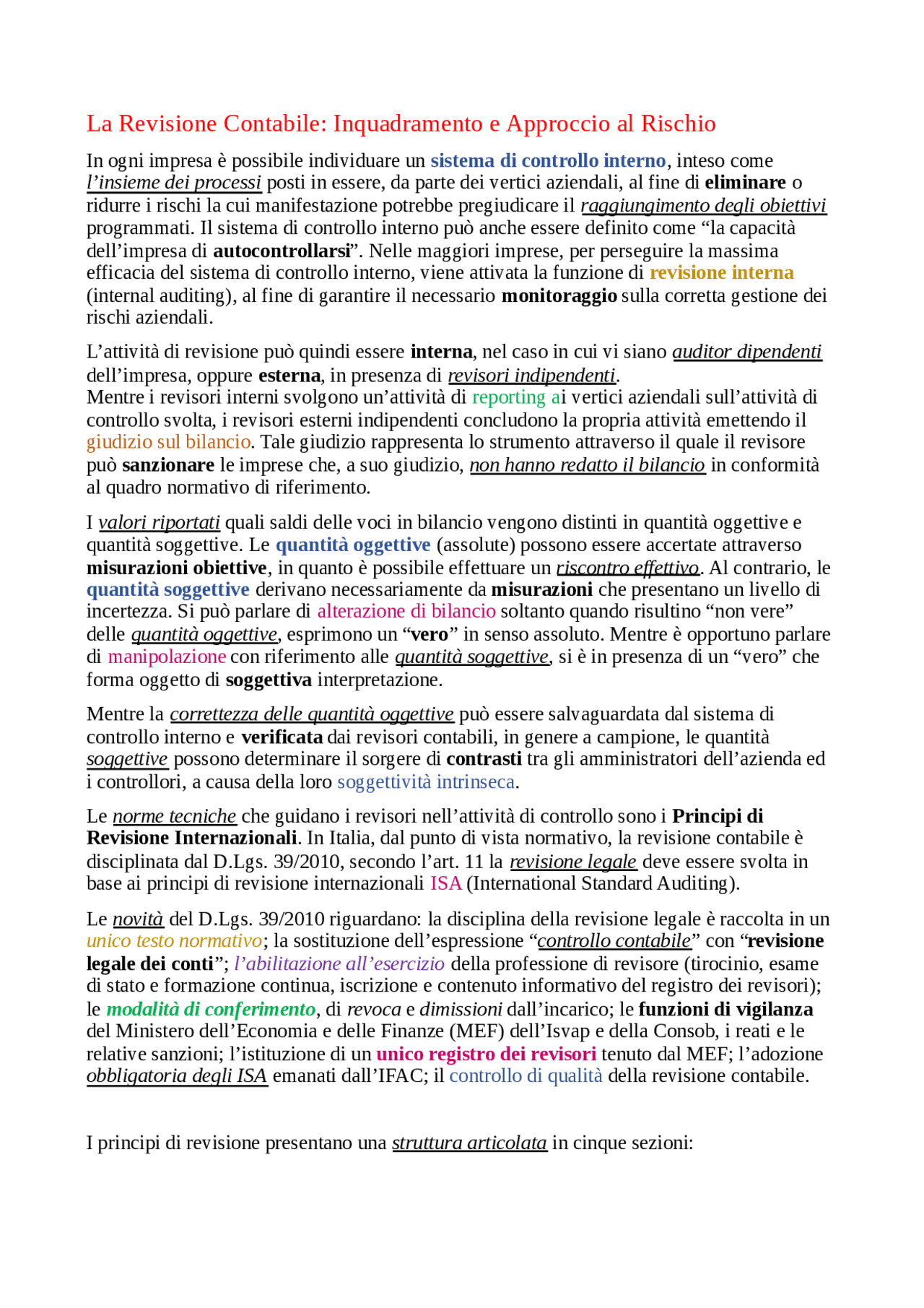 Riassunti Di Revisione Aziendale Docsity