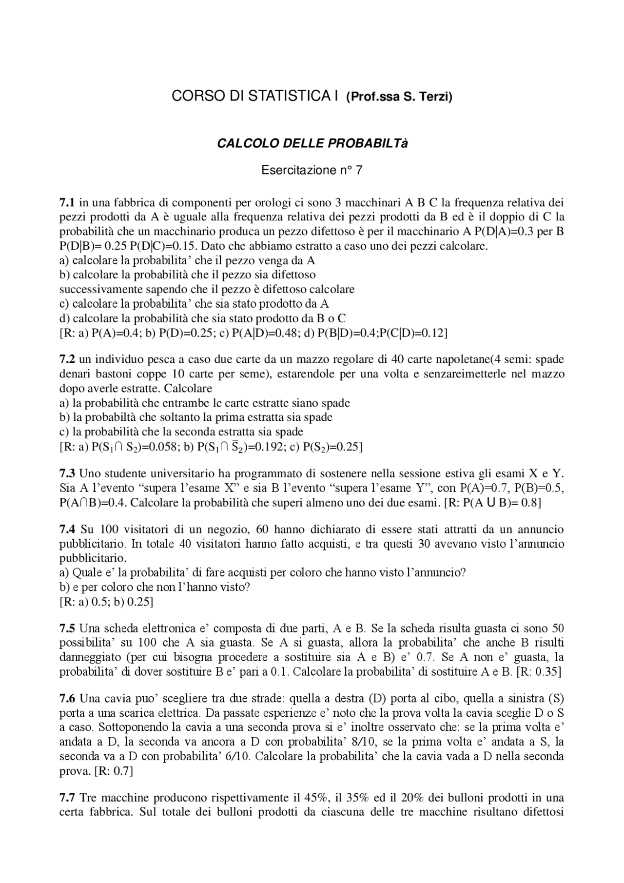 Esercitazioni Statistica Docsity