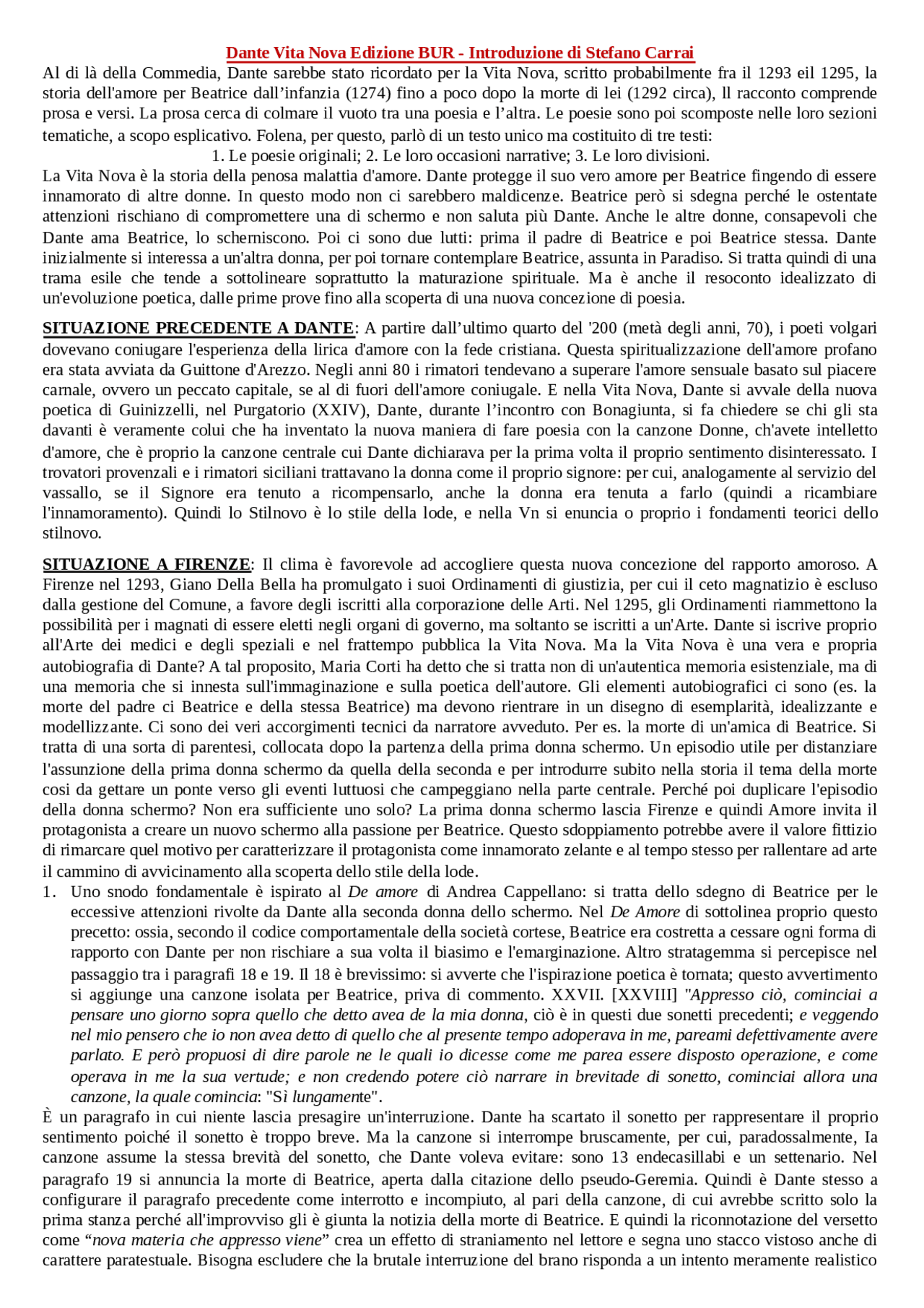 Dante Vita Nova Edizione Bur Introduzione Di Stefano Carrai Docsity